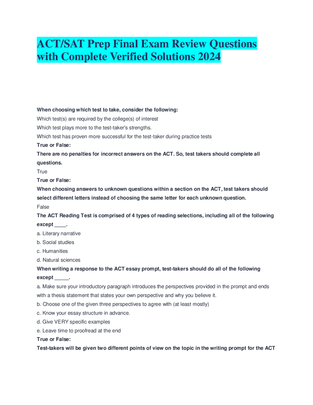 ACT/SAT Prep Final Exam Review Questions with Complete Verified ...