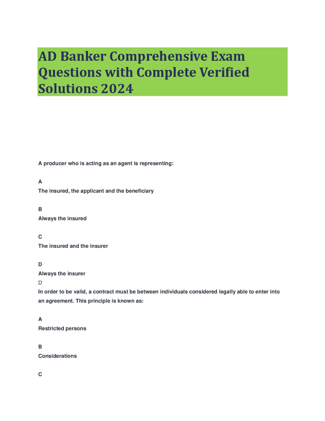 AD Banker Comprehensive Exam Questions with Complete Verified Solutions ...