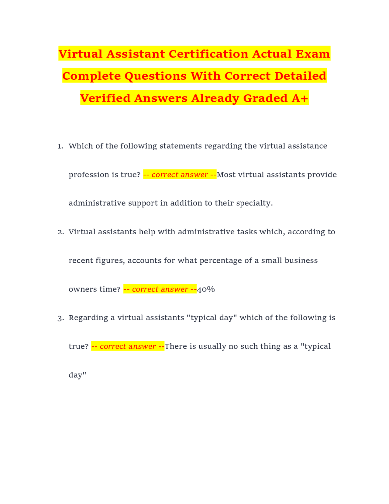 Virtual Assistant Certification Actual Exam Complete Questions With ...