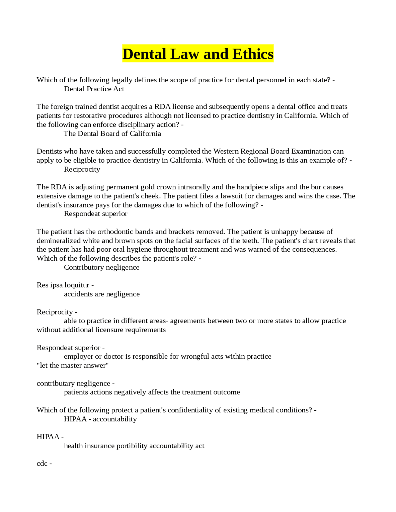 Dental Law and Ethics | Exams Dentistry | Docsity