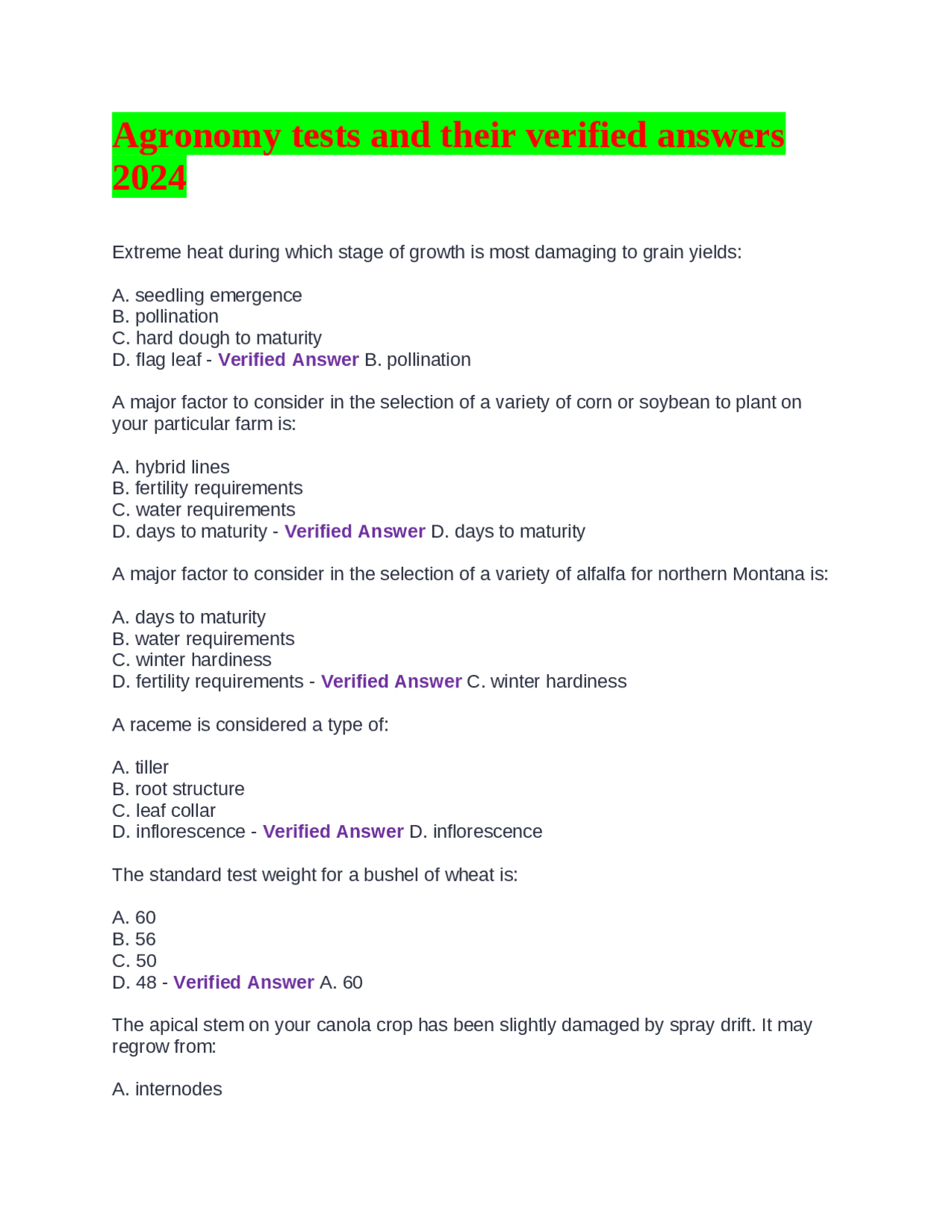 Agronomy tests and their verified answers 2024 | Exams Agronomy | Docsity