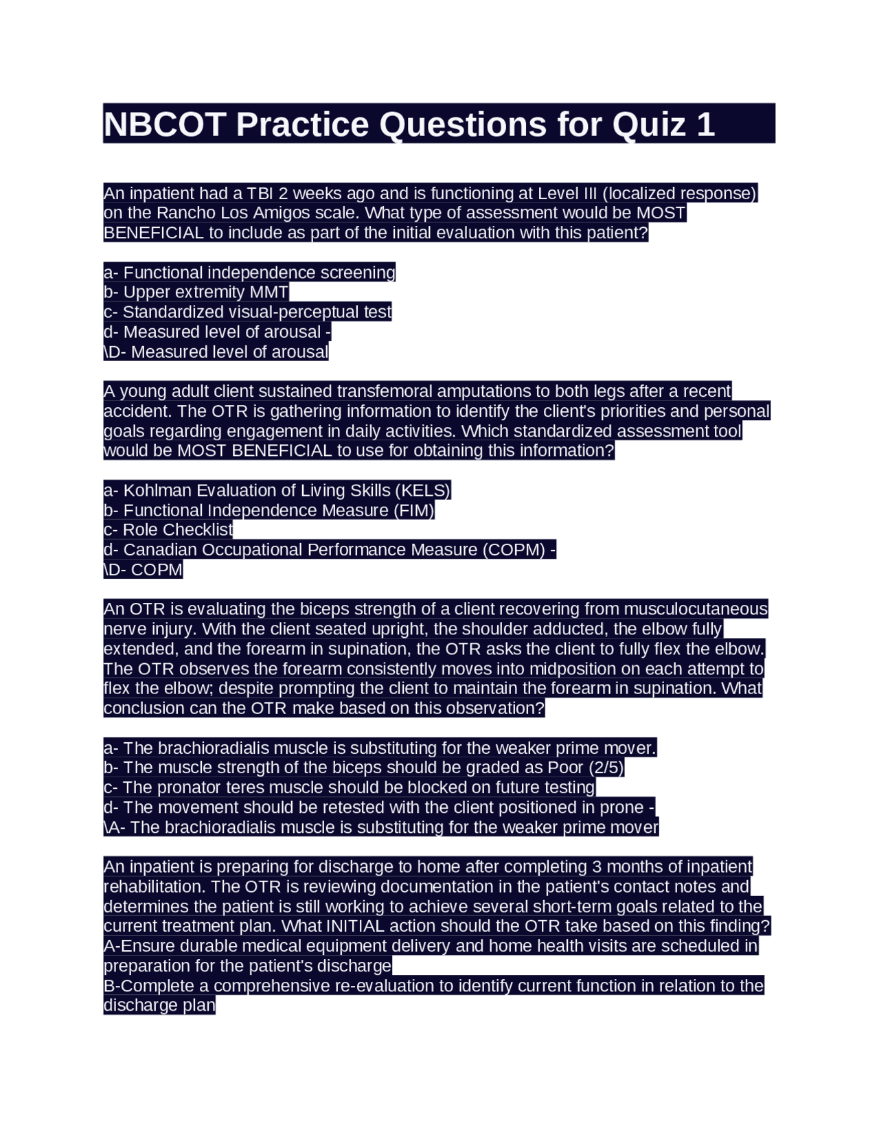 NBCOT Practice Questions for Quiz 1 | Exams Occupational therapy | Docsity