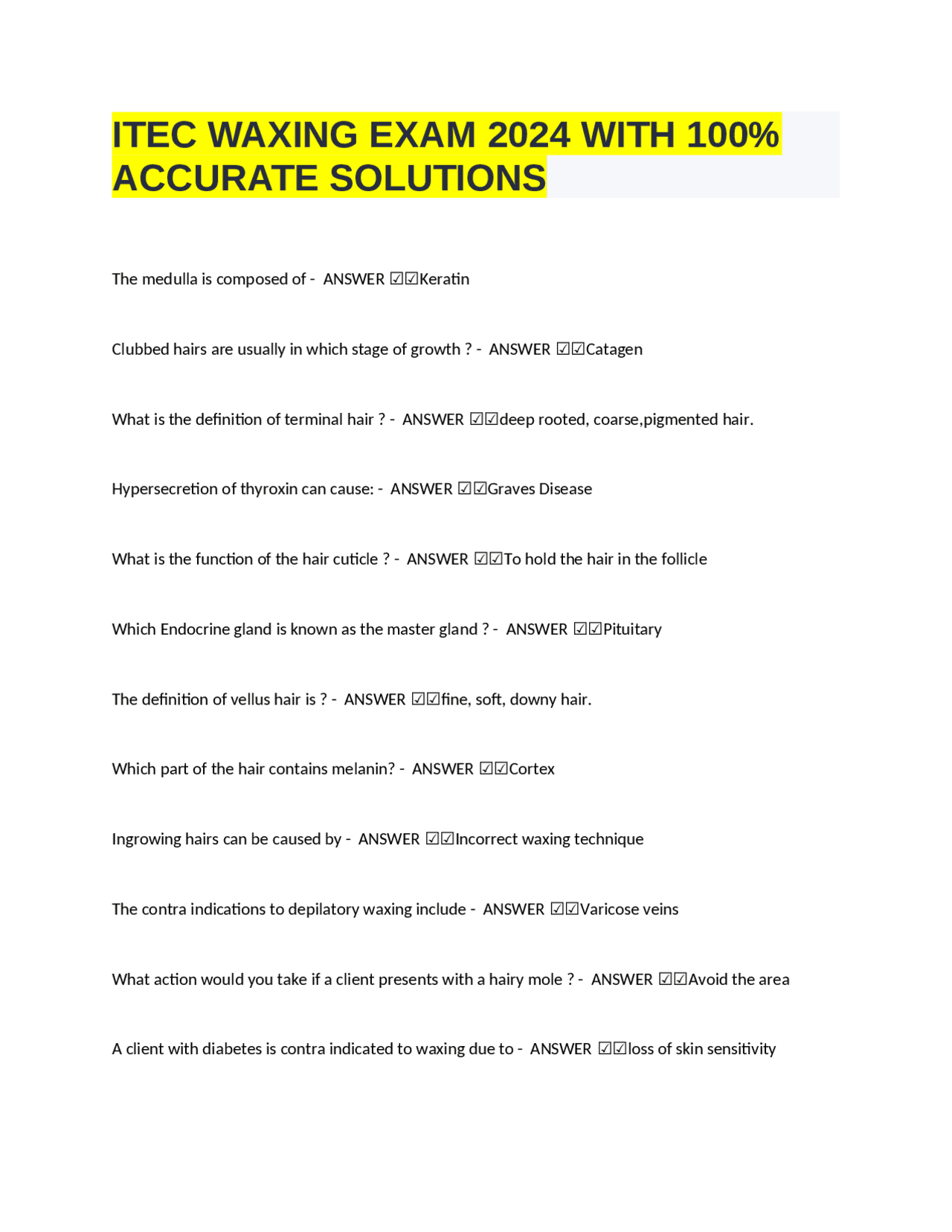 ITEC WAXING EXAM 2024 WITH 100% ACCURATE SOLUTIONS | Exams Nursing ...