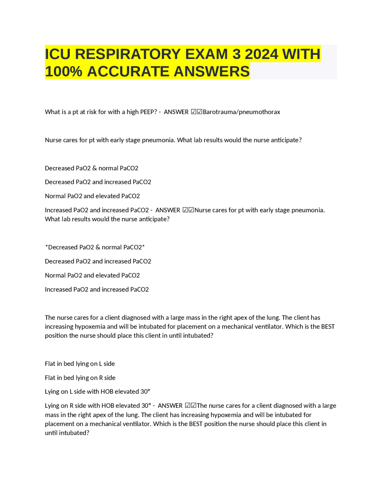 ICU RESPIRATORY EXAM 3 2024 WITH 100% ACCURATE ANSWERS | Exams Nursing ...
