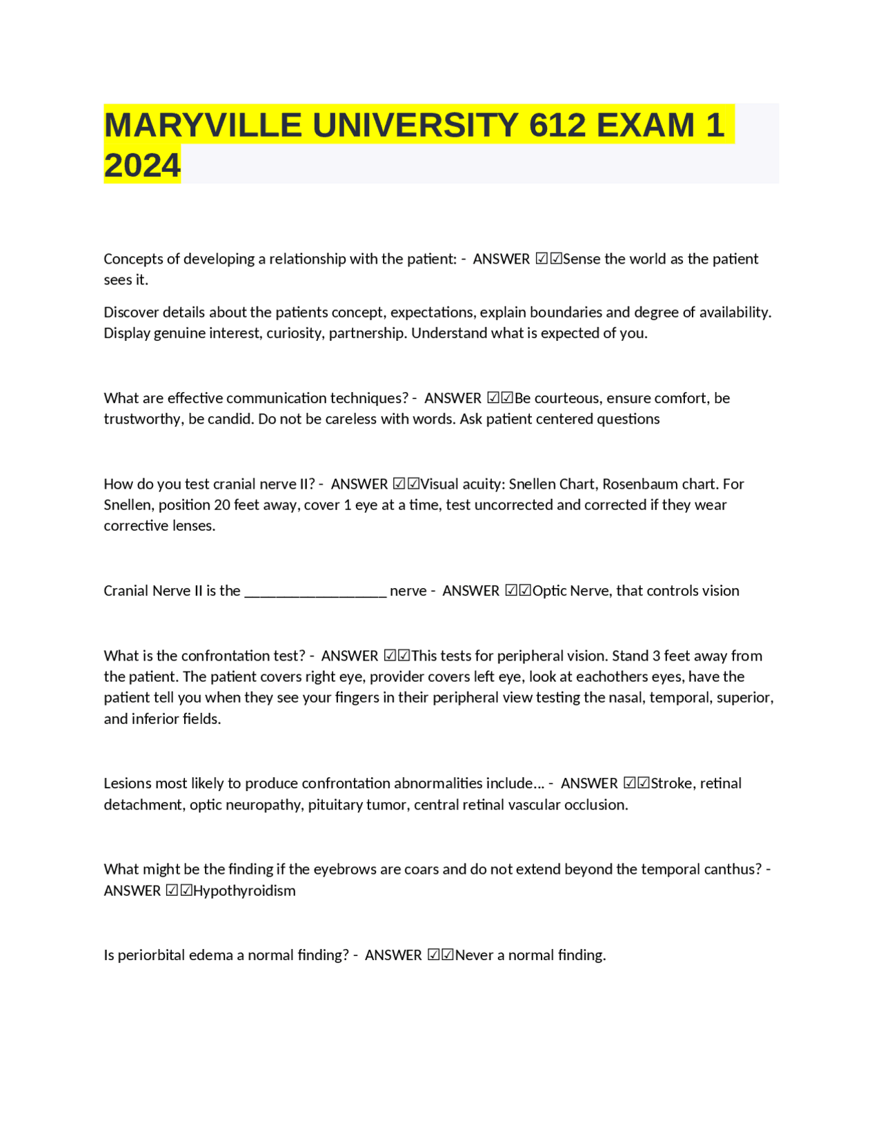 MARYVILLE UNIVERSITY 612 EXAM 1 2024 | Exams Nursing | Docsity