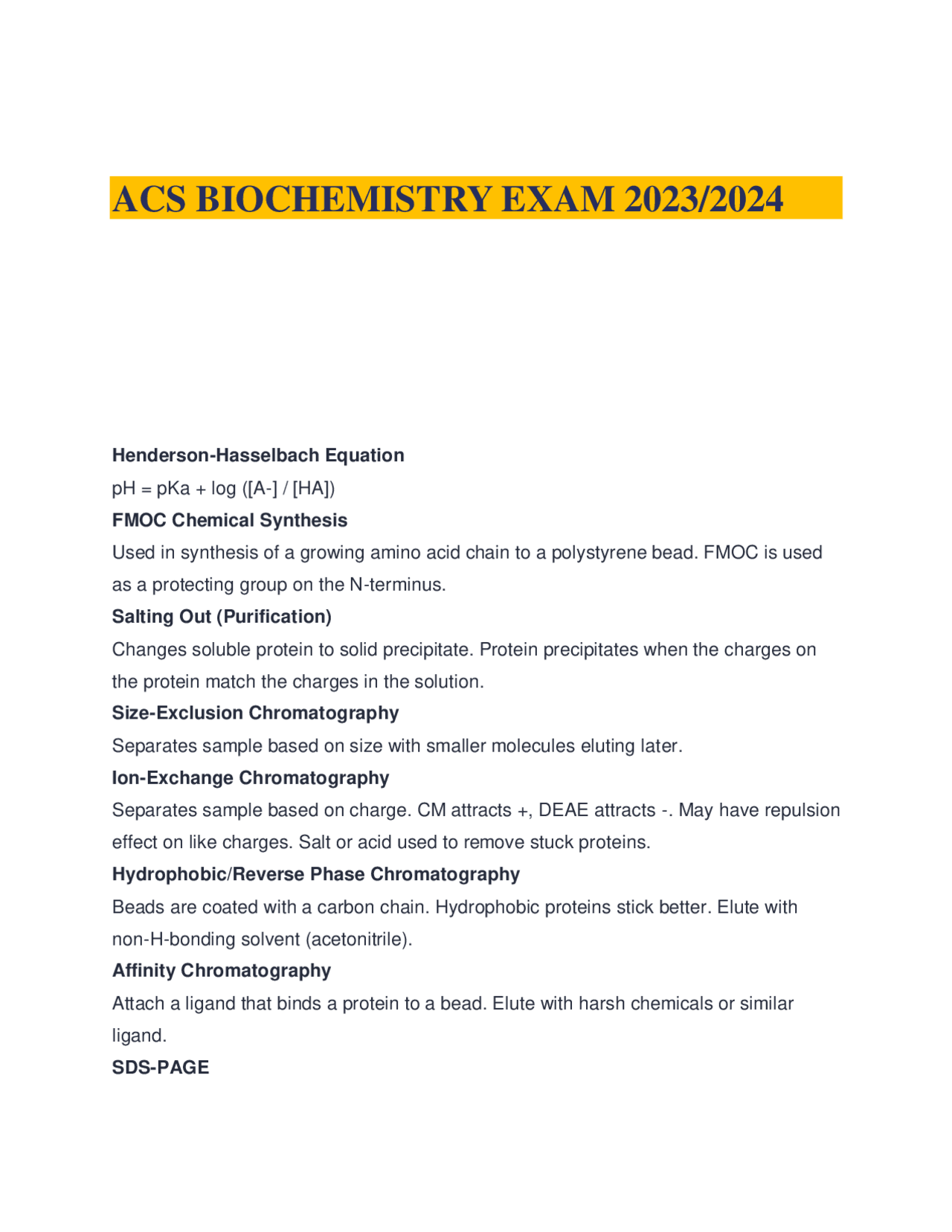 ACS BIOCHEMISTRY EXAM 2023/2024 | Exams Biochemistry | Docsity