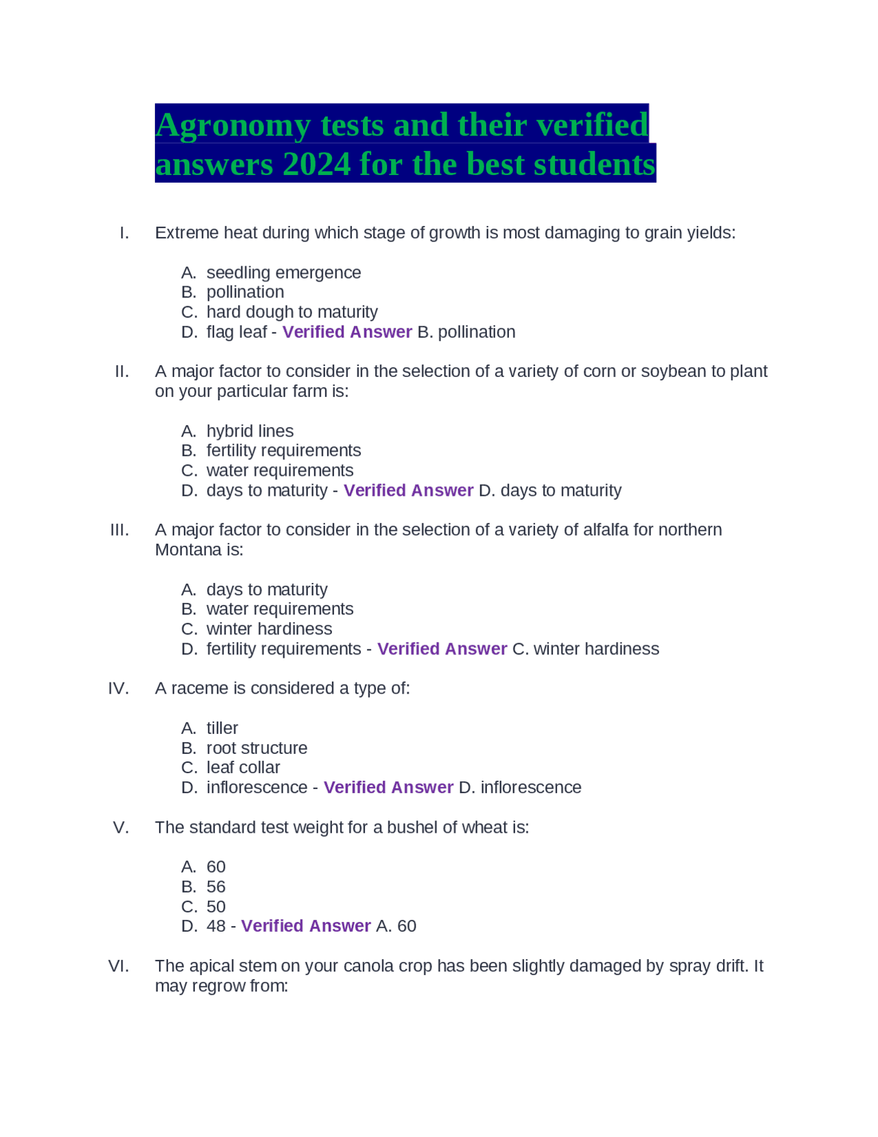 Agronomy tests and their verified answers 2024 for the best students ...