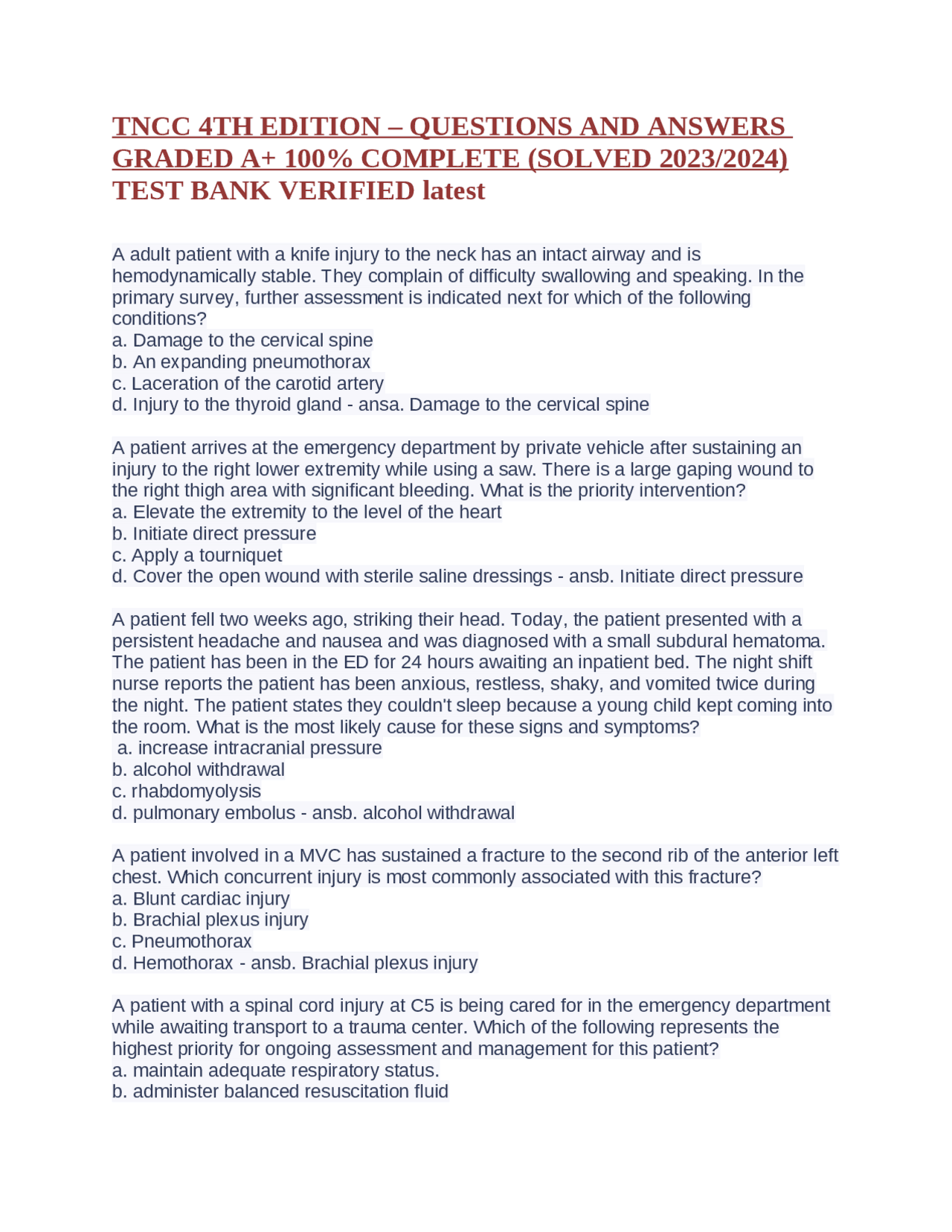 TNCC 4TH EDITION – QUESTIONS AND ANSWERS GRADED A+ 100% COMPLETE ...