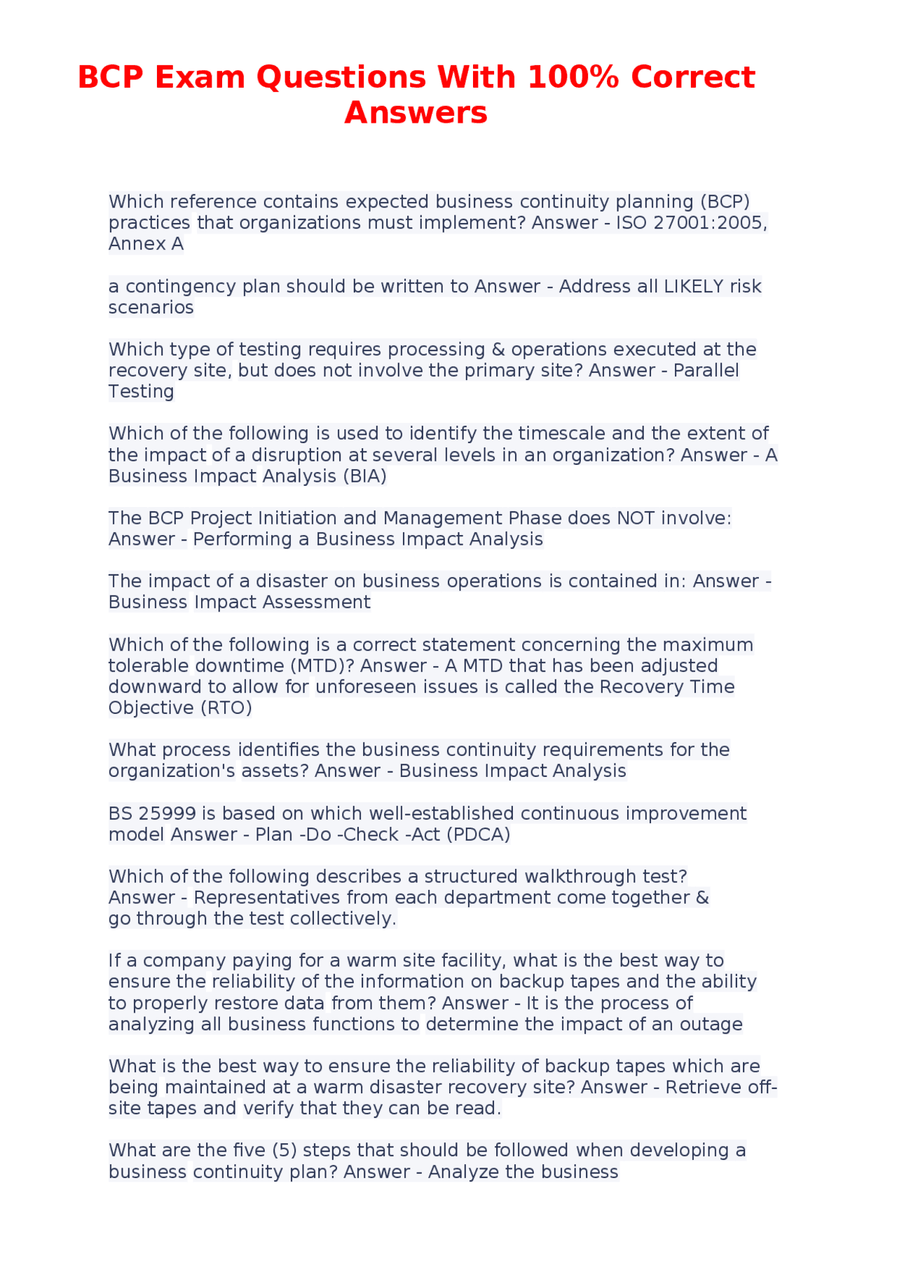 BCP Exam Questions With 100% Correct Answers | Exams Business Economics ...