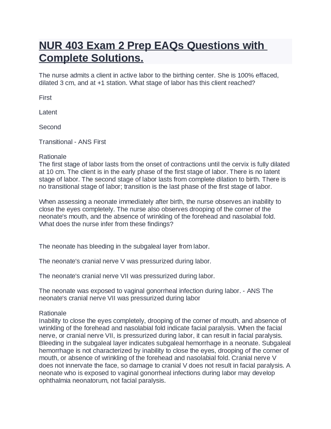 NUR 403 Exam 2 Prep EAQs Questions with Complete Solutions. | Exams Nursing | Docsity