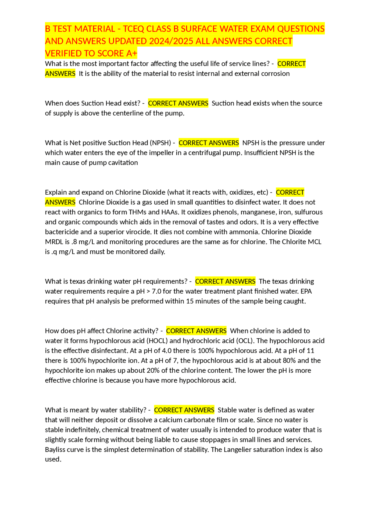 B TEST MATERIAL - TCEQ CLASS B SURFACE WATER EXAM QUESTIONS AND ANSWERS ...