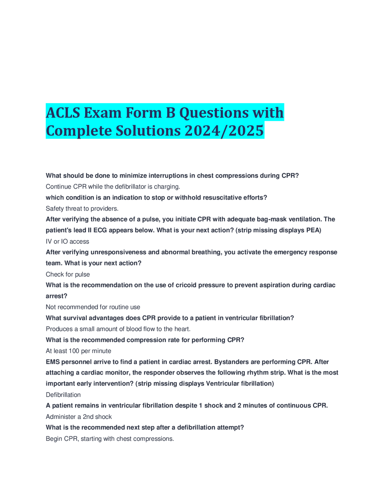 ACLS Exam Form B Questions with Complete Solutions 2024/2025 | Exams ...