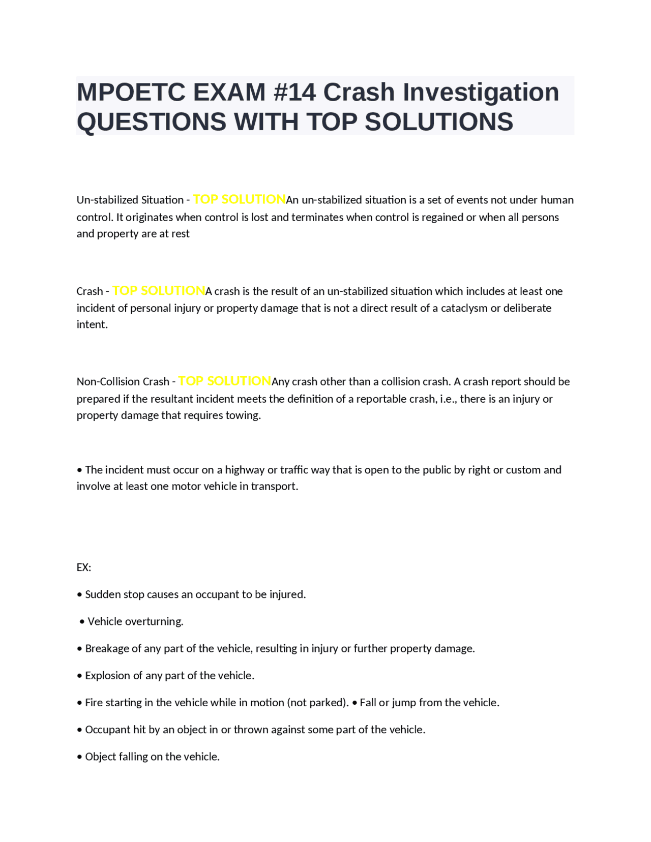 MPOETC EXAM #14 Crash Investigation QUESTIONS WITH TOP SOLUTIONS ...