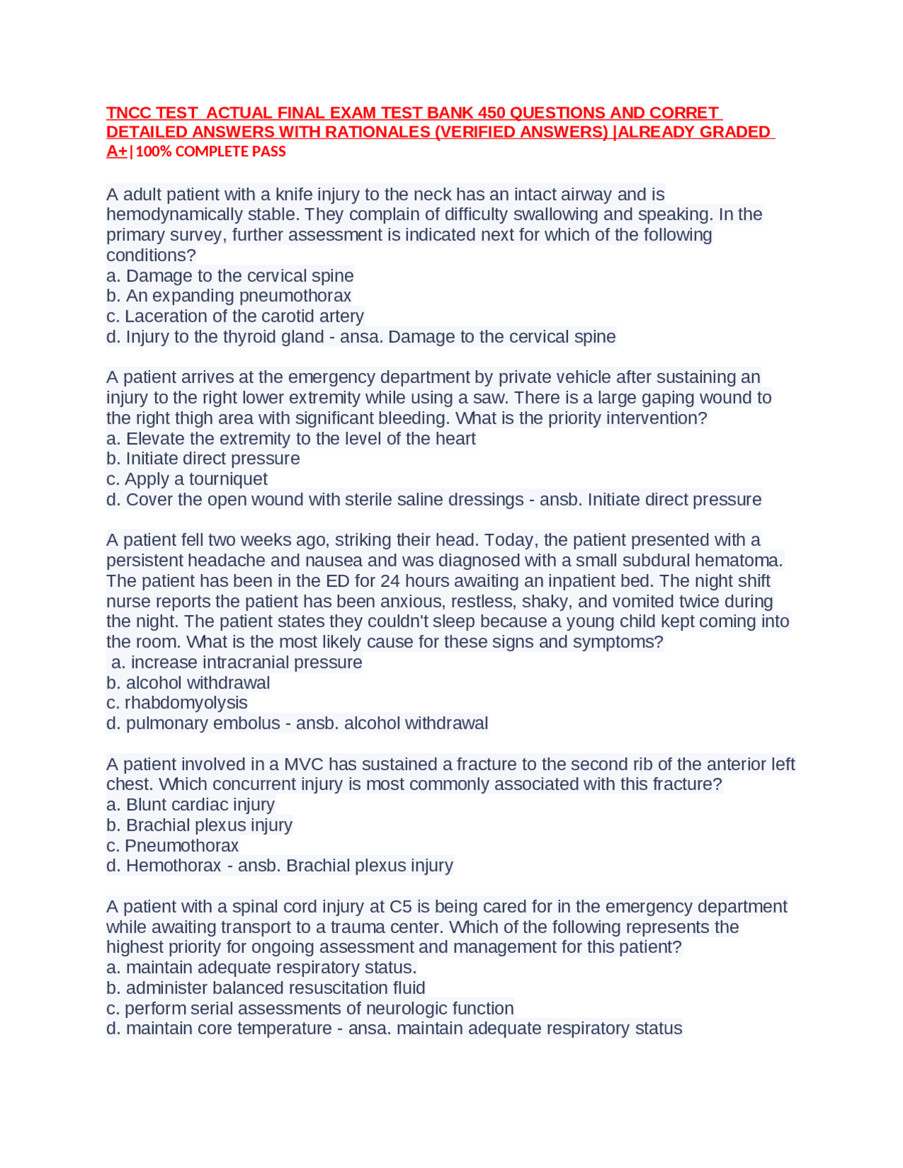 TNCC TEST ACTUAL FINAL EXAM TEST BANK 450 QUESTIONS AND CORRET DETAILED ...