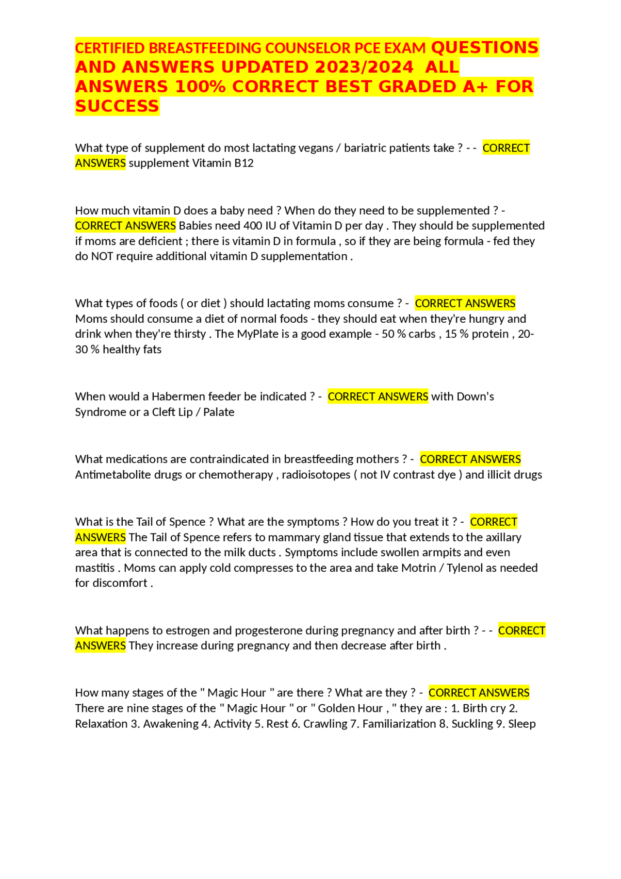 CERTIFIED BREASTFEEDING COUNSELOR PCE EXAM QUESTIONS AND ANSWERS ...