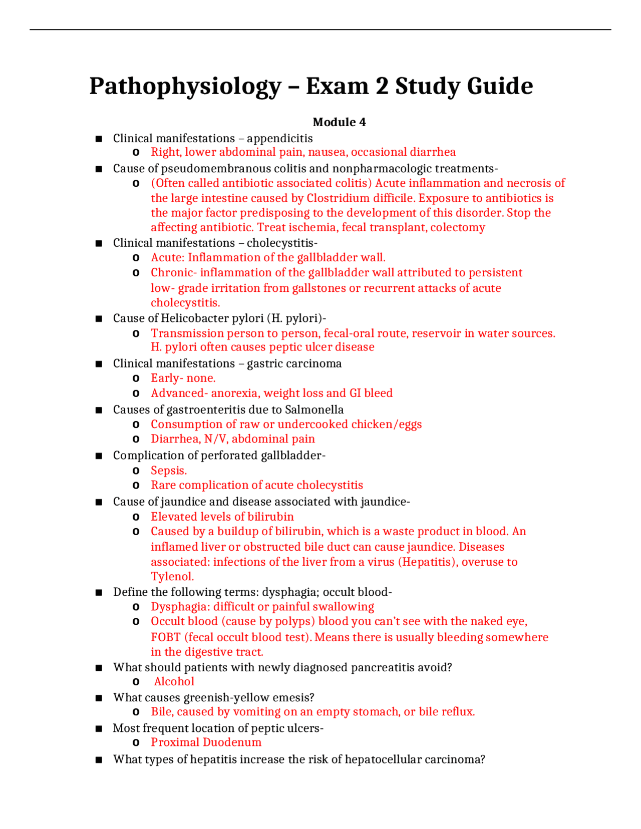 Pathophysiology – Exam 2 Study Guide | Study Guides, Projects, Research Pathophysiology | Docsity