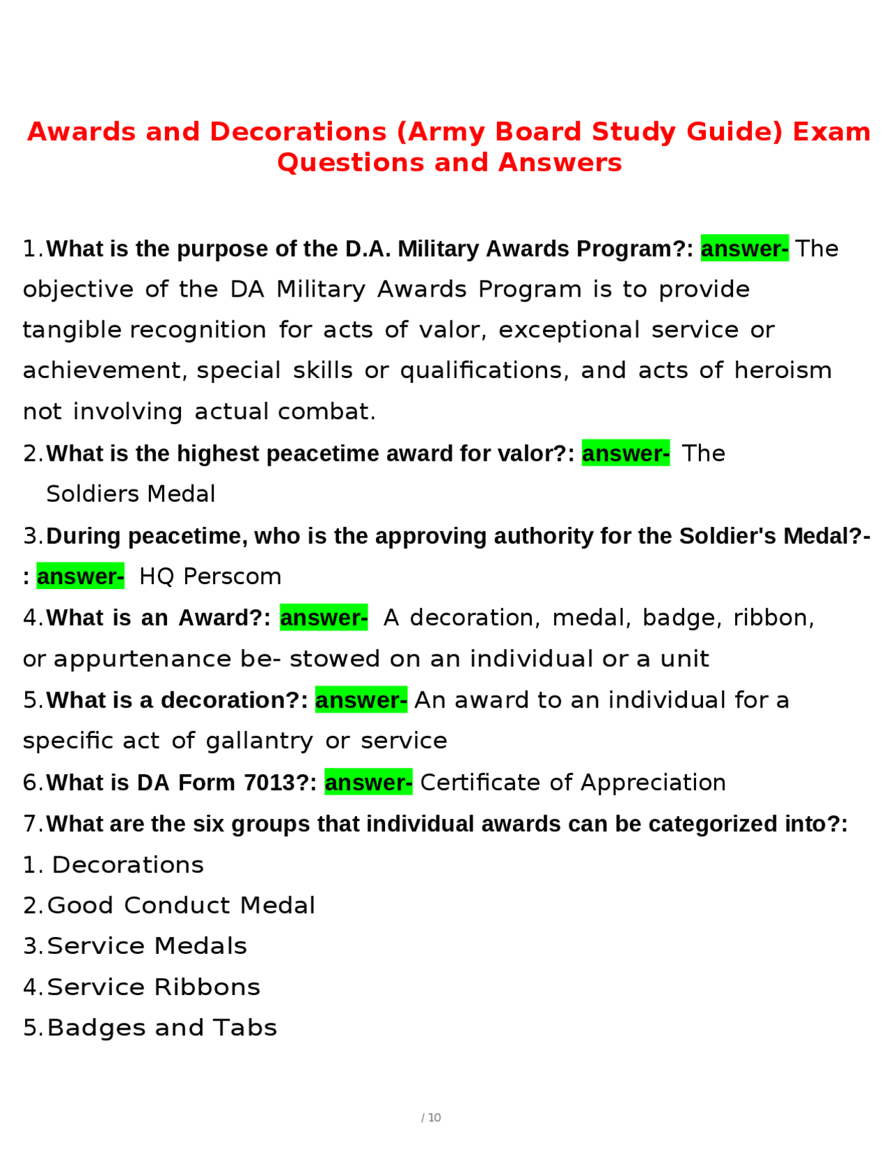 Awards and Decorations (Army Board Study Guide) Exam Questions and Answers | Exams Law | Docsity