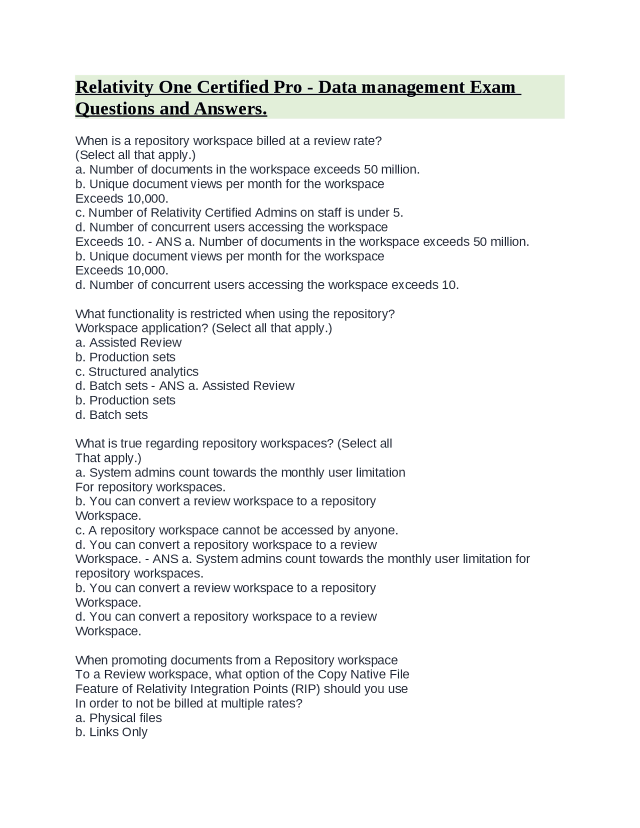 Relativity One Certified Pro - Data management Exam Questions and Answers. | Exams Production ...