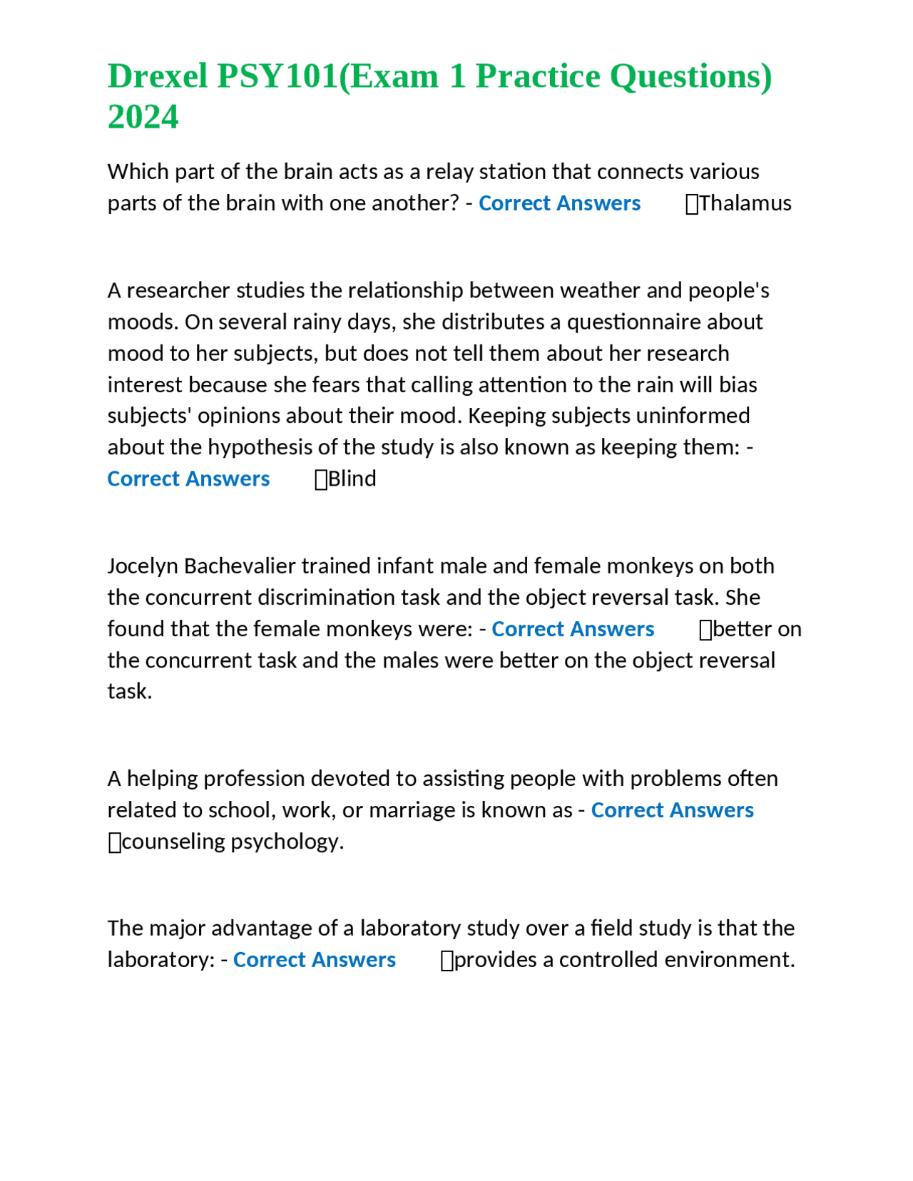 Drexel PSY101(Exam 1 Practice Questions) 2024 | Exams Nursing | Docsity