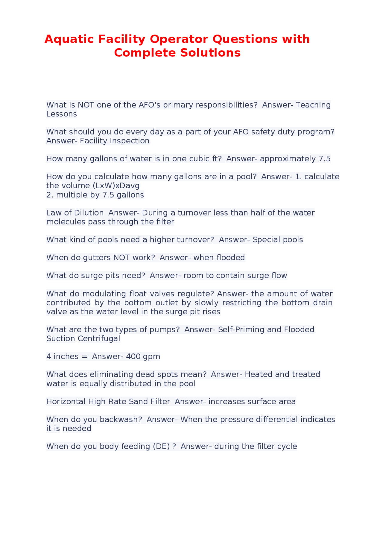 Aquatic Facility Operator Questions with Complete Solutions | Exams ...