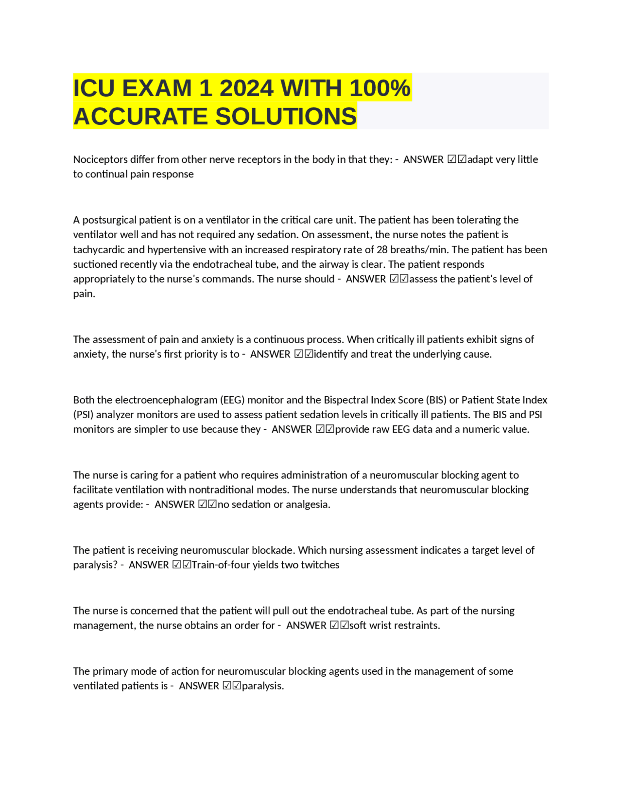 ICU EXAM 1 2024 WITH 100% ACCURATE SOLUTIONS | Exams Nursing | Docsity