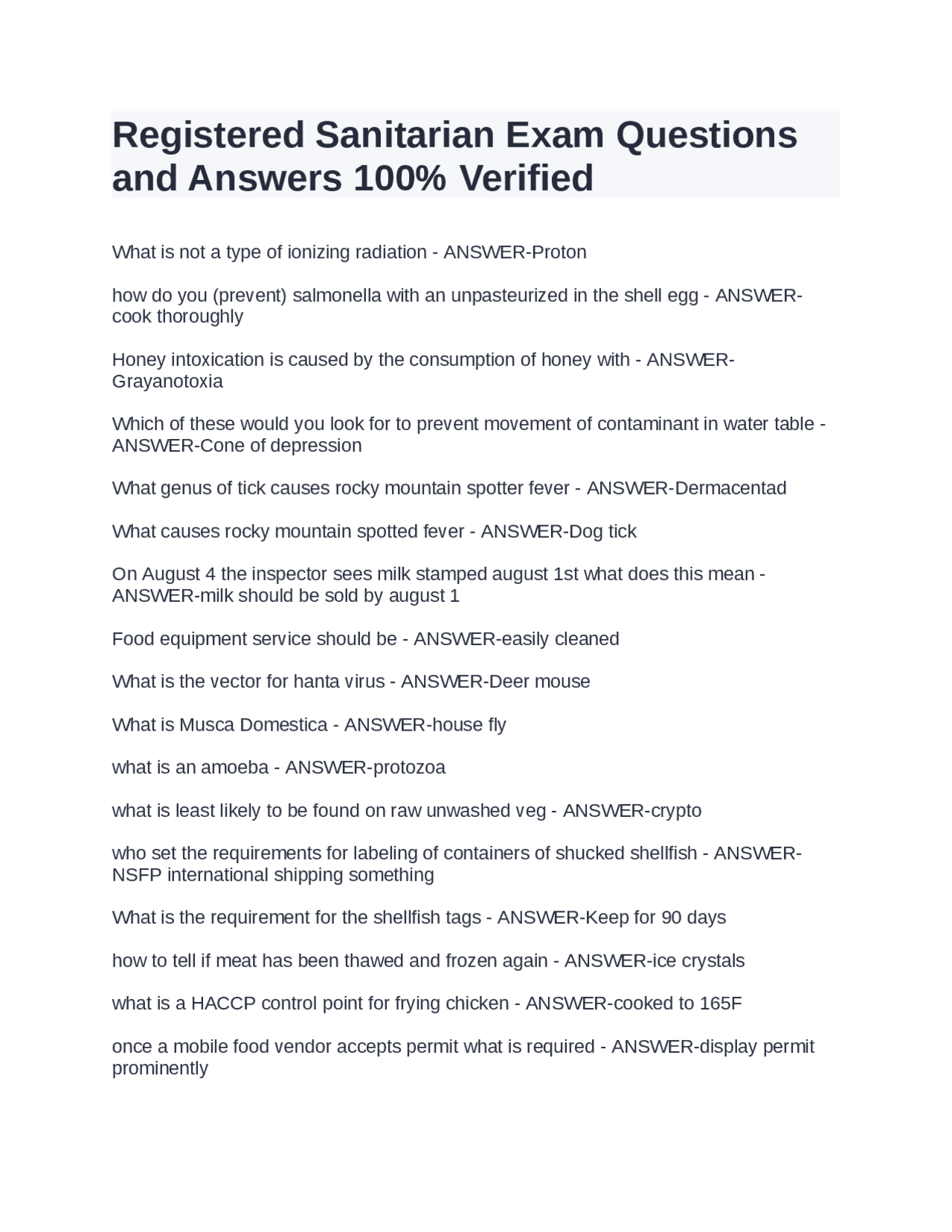 Registered Sanitarian Exam Questions and Answers 100% Verified | Exams ...