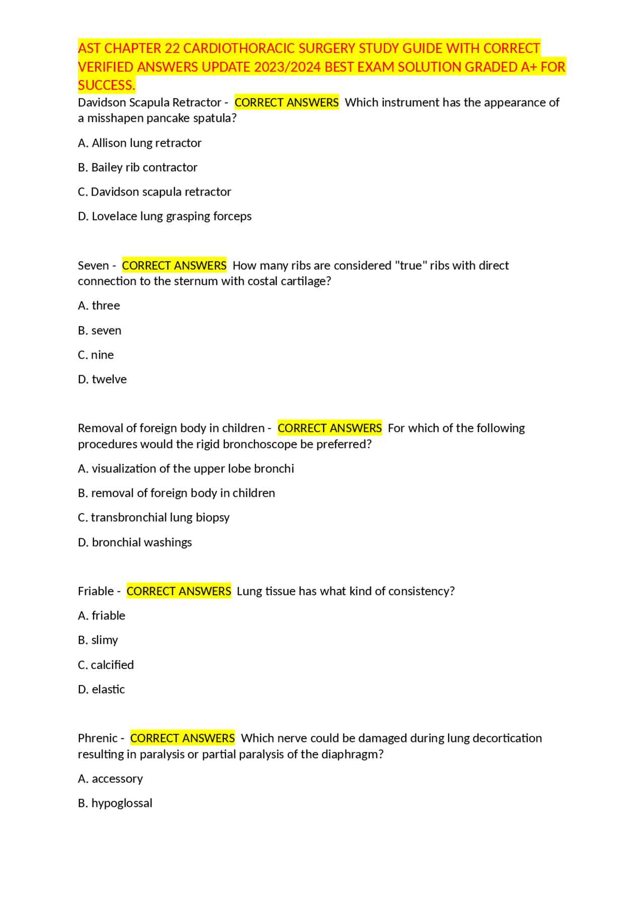 AST CHAPTER 22 CARDIOTHORACIC SURGERY STUDY GUIDE WITH CORRECT VERIFIED ...