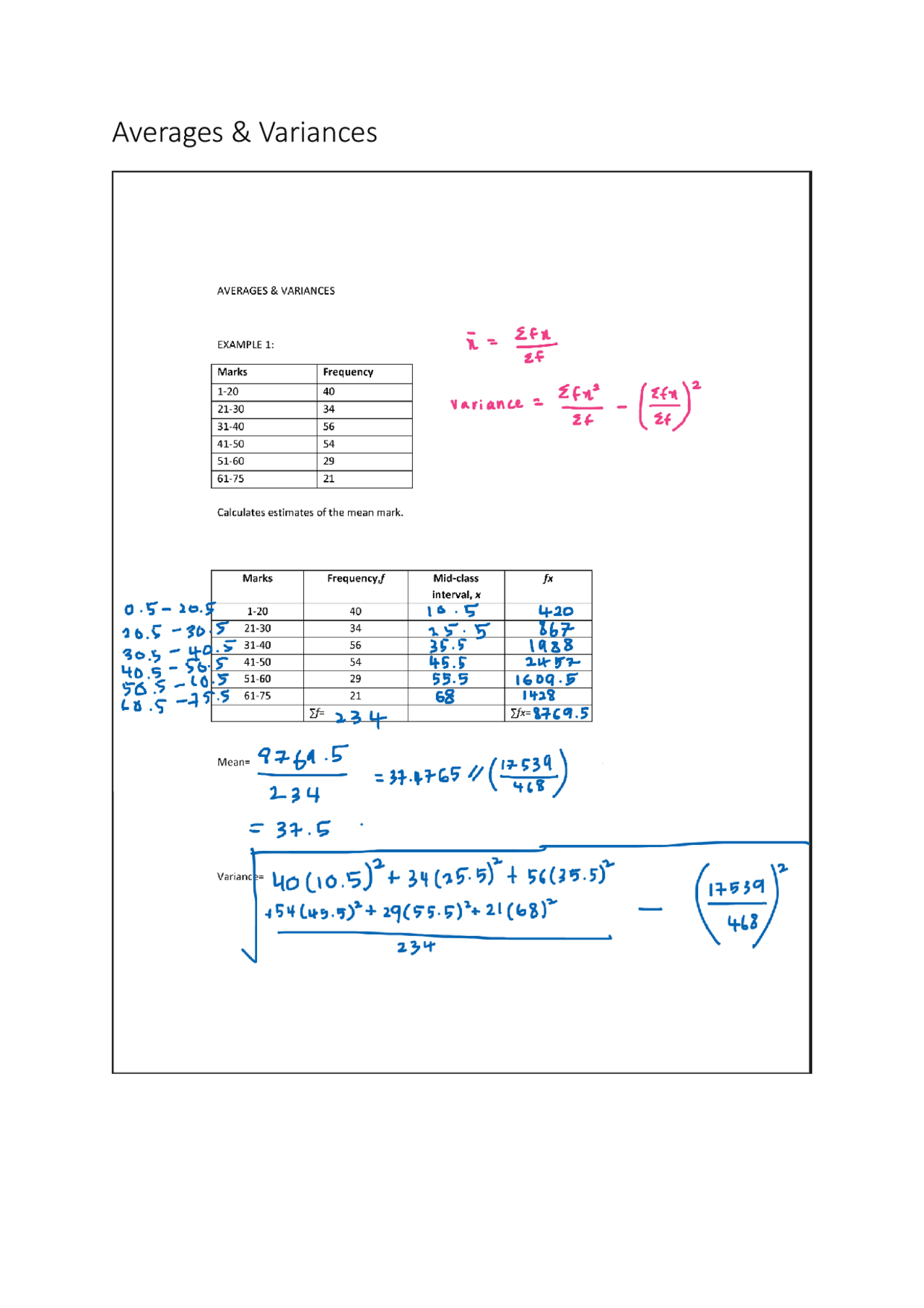Averages and Variances - Mathematics ALevel | Exercises Mathematics | Docsity