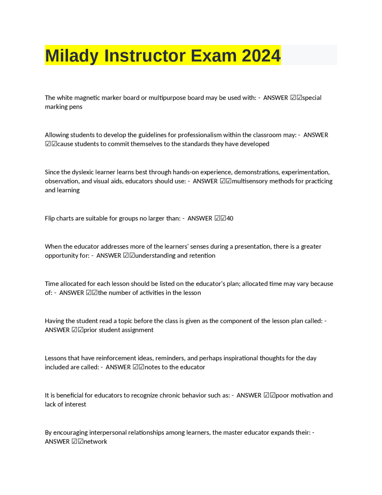Milady Instructor Exam 2024 | Exams Nursing | Docsity