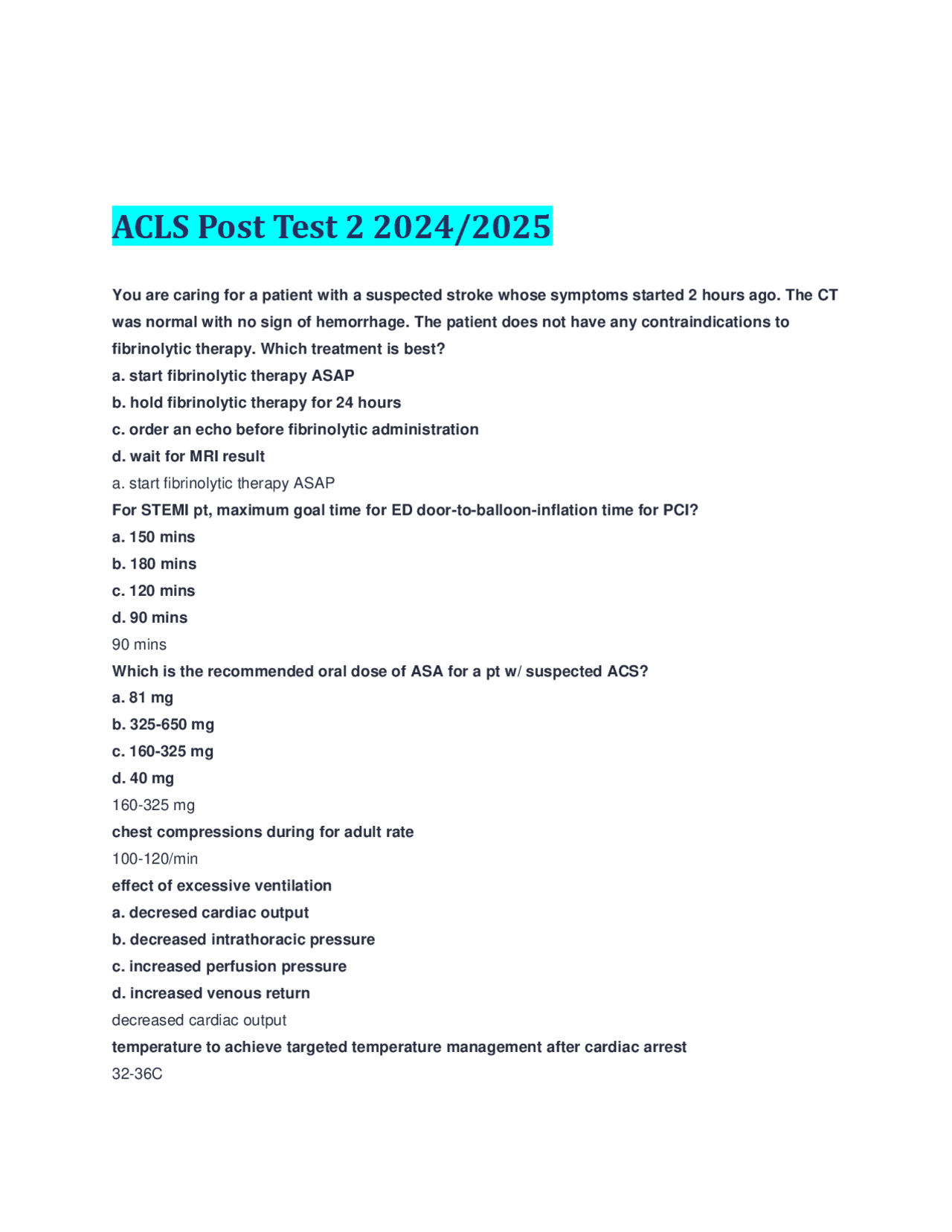 ACLS Post Test 2 2024/2025 | Exams Nursing | Docsity