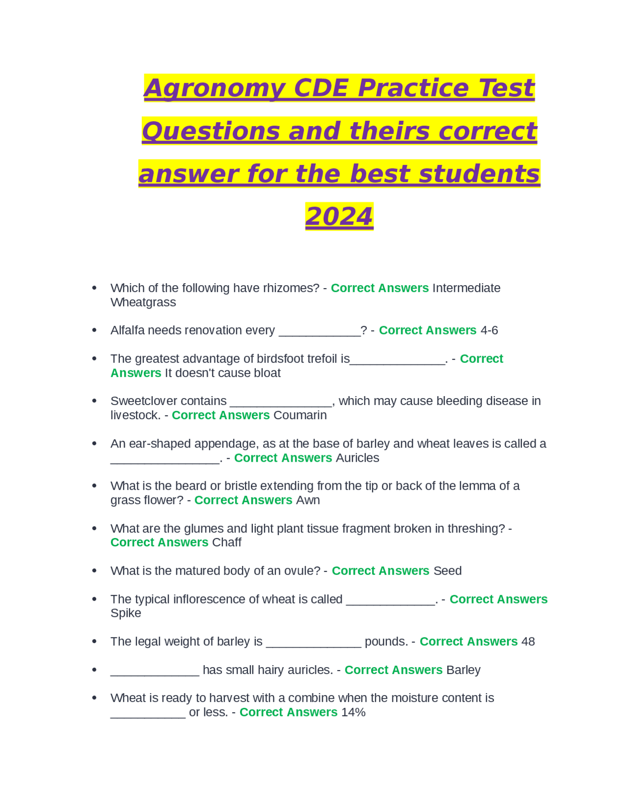 Agronomy CDE Practice Test Questions and theirs correct answer for the ...