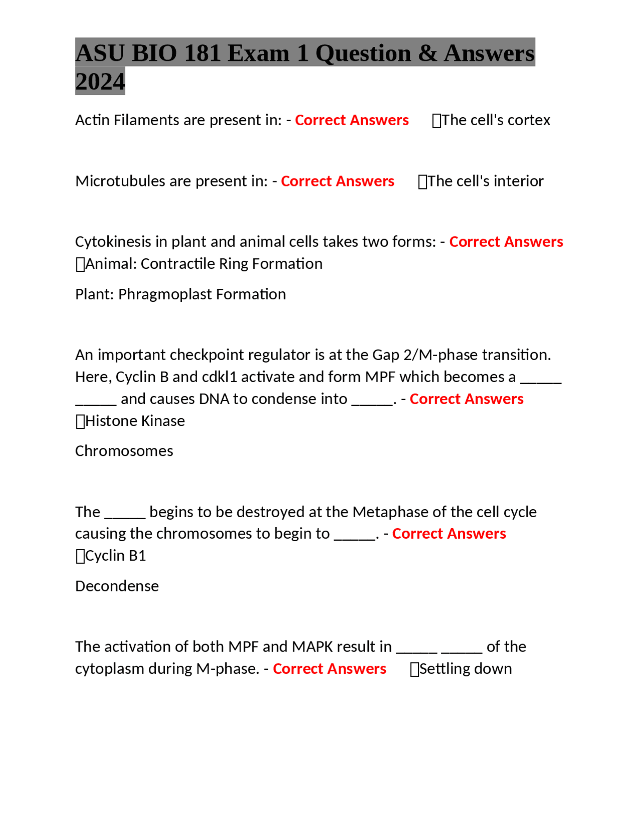 ASU BIO 181 Exam 1 Question & Answers 2024 | Exams Nursing | Docsity