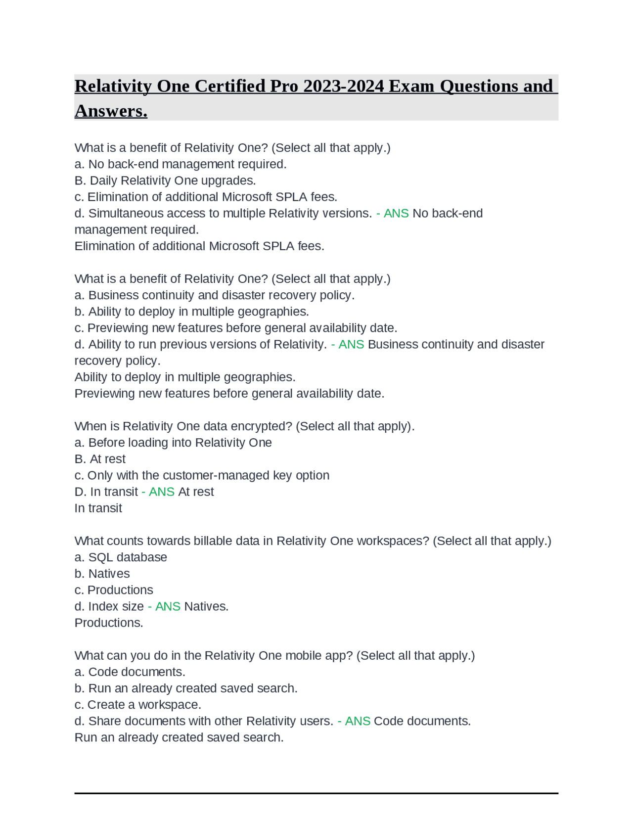 Relativity One Certified Pro 2023-2024 Exam Questions and Answers ...