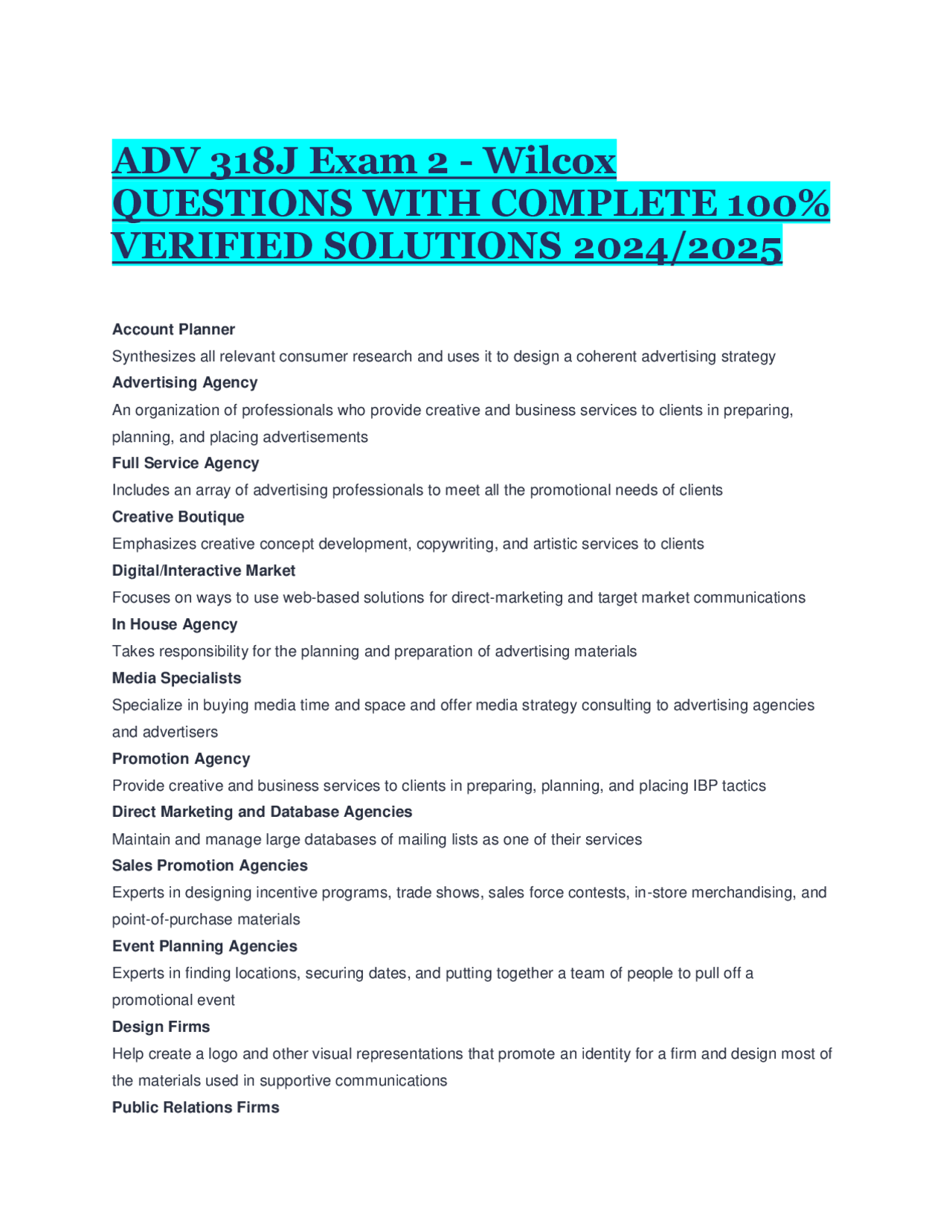 ADV 318J Exam 2 - Wilcox QUESTIONS WITH COMPLETE 100% VERIFIED ...