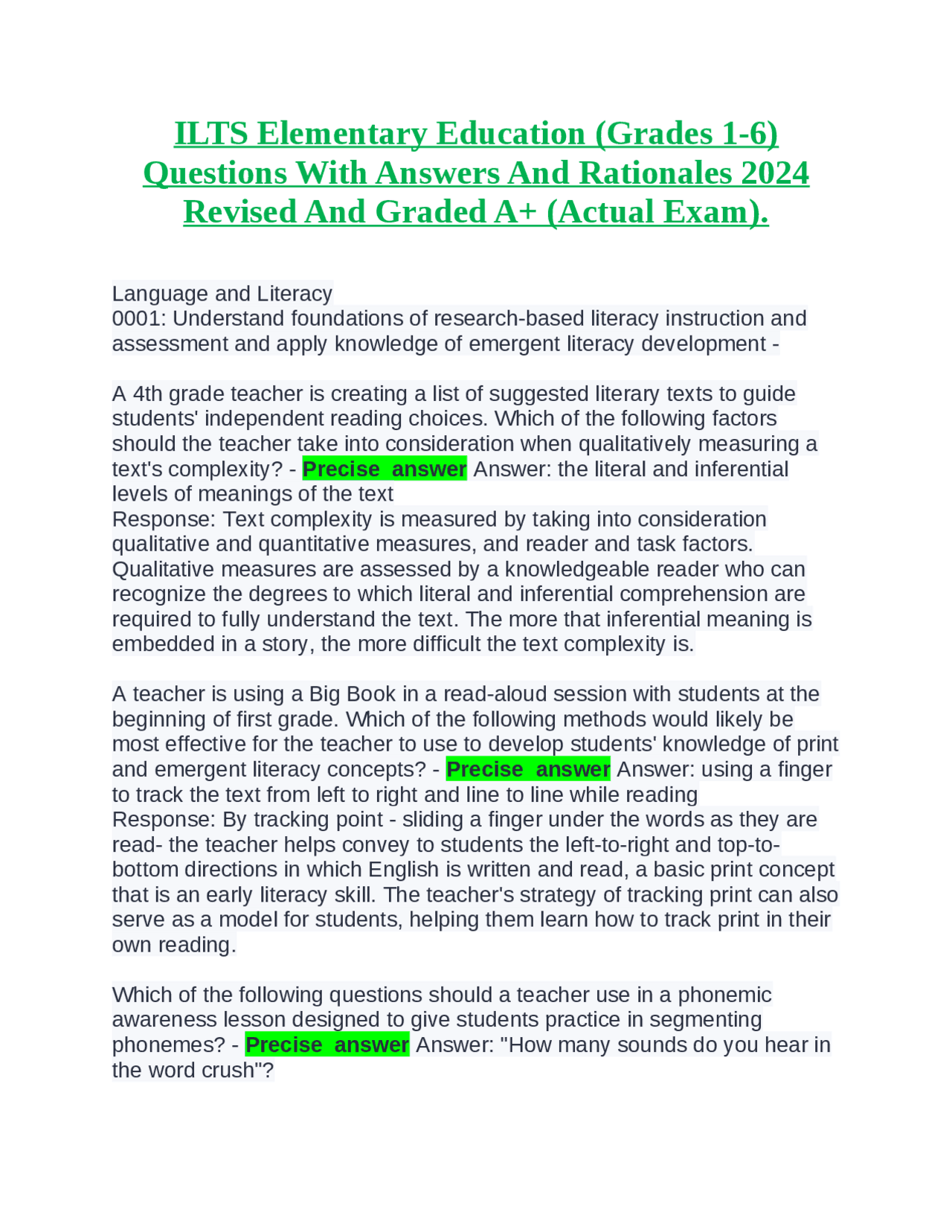 ILTS Elementary Education (Grades 1-6) Questions With Answers And ...