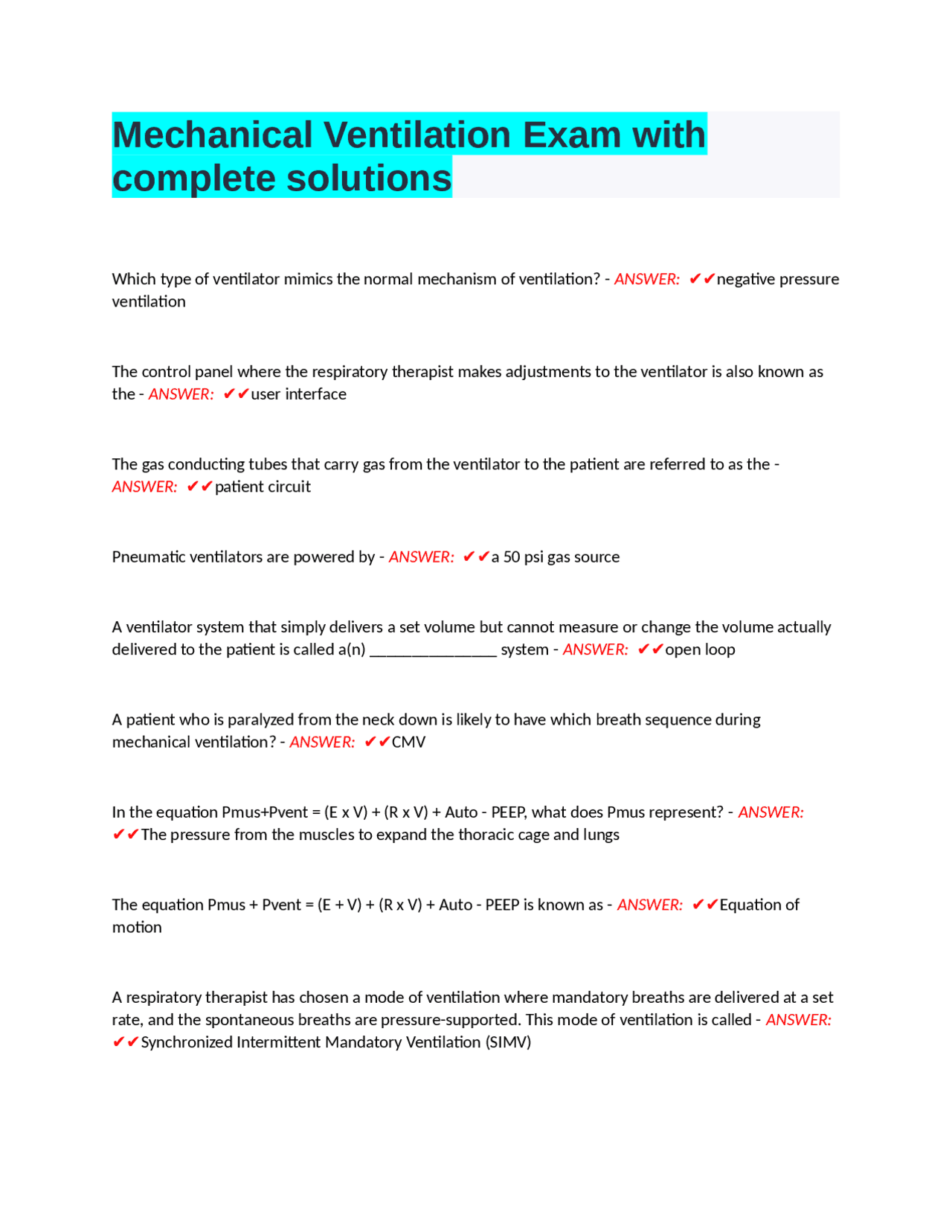 Mechanical Ventilation Exam with complete solutions | Exams Nursing ...