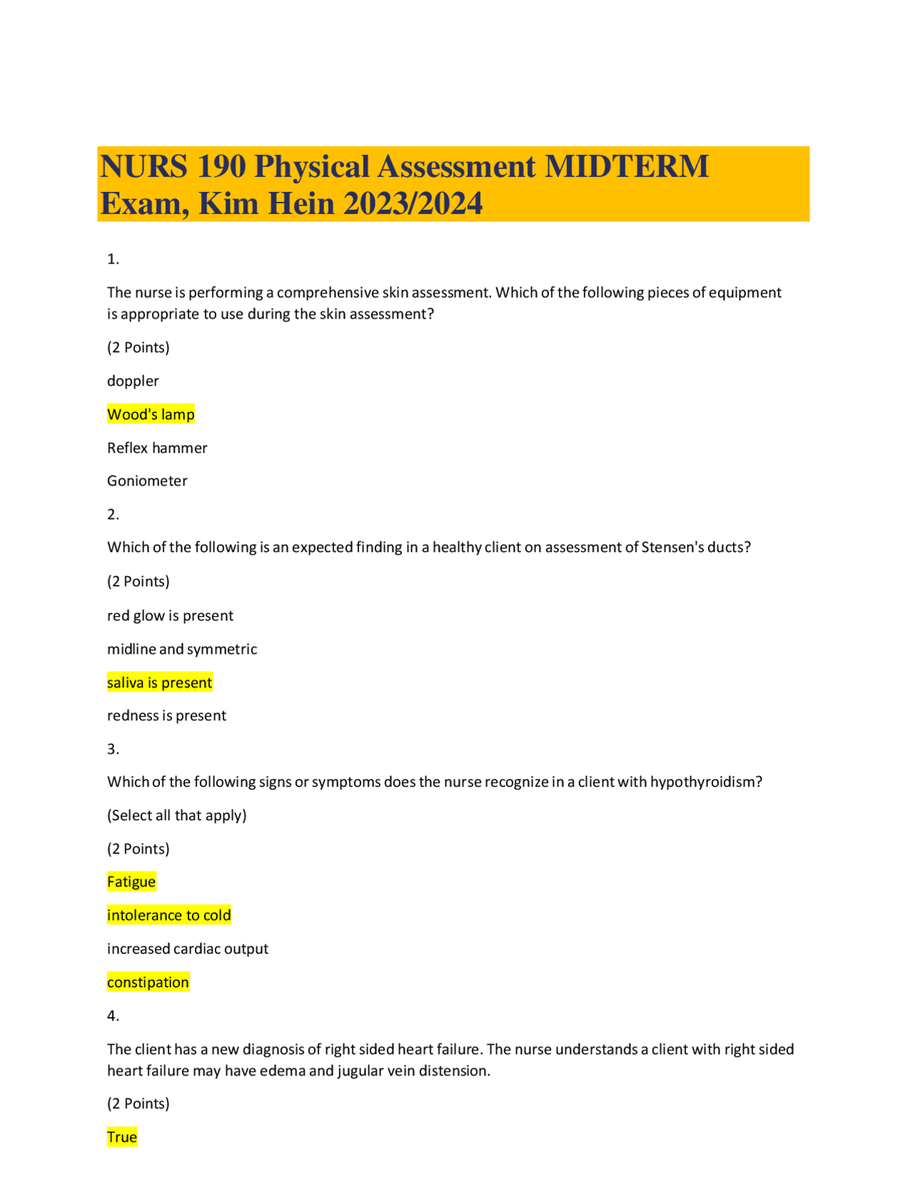 NURS 190 Physical Assessment MIDTERM Exam, Kim Hein 2023/2024 | Exams Nursing | Docsity