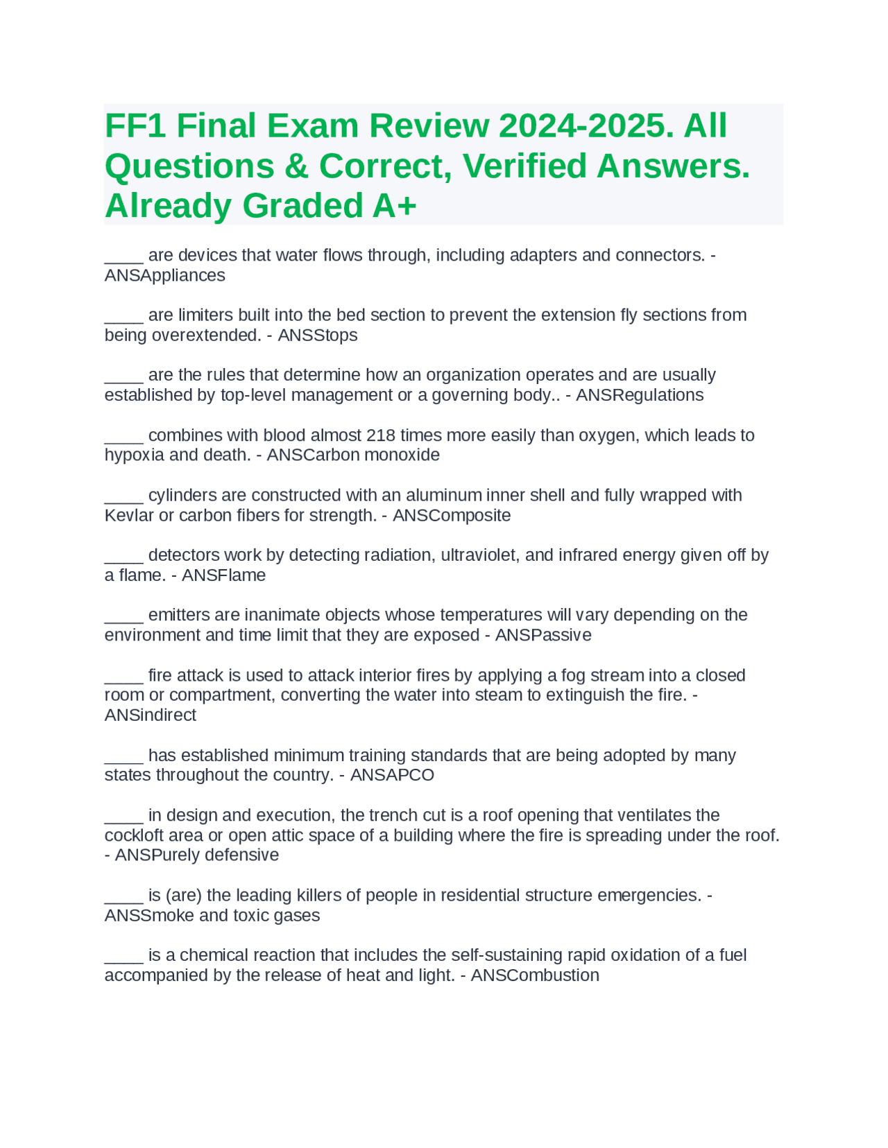 FF1 Final Exam Review 2024-2025.Questions & Correct, Verified Answers ...