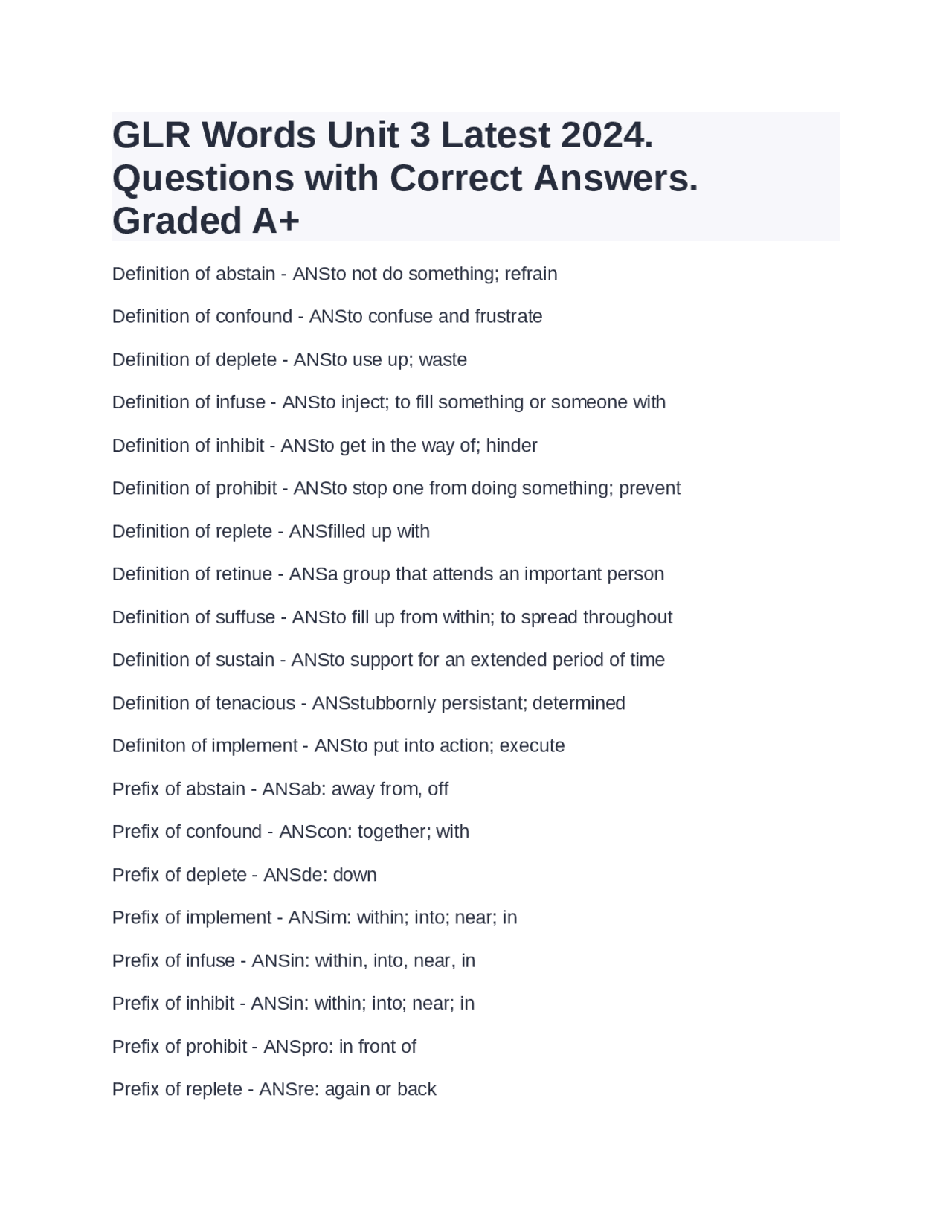 GLR Words Unit 3 Latest 2024. Questions with Correct Answers. Graded A+ ...