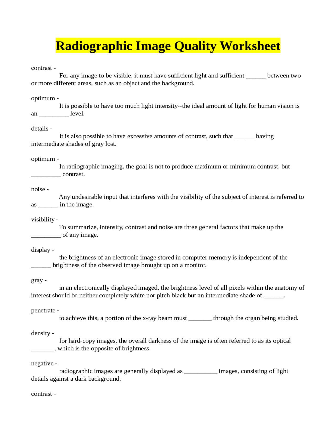 Radiographic Image Quality Worksheet. | Exams Radiography | Docsity