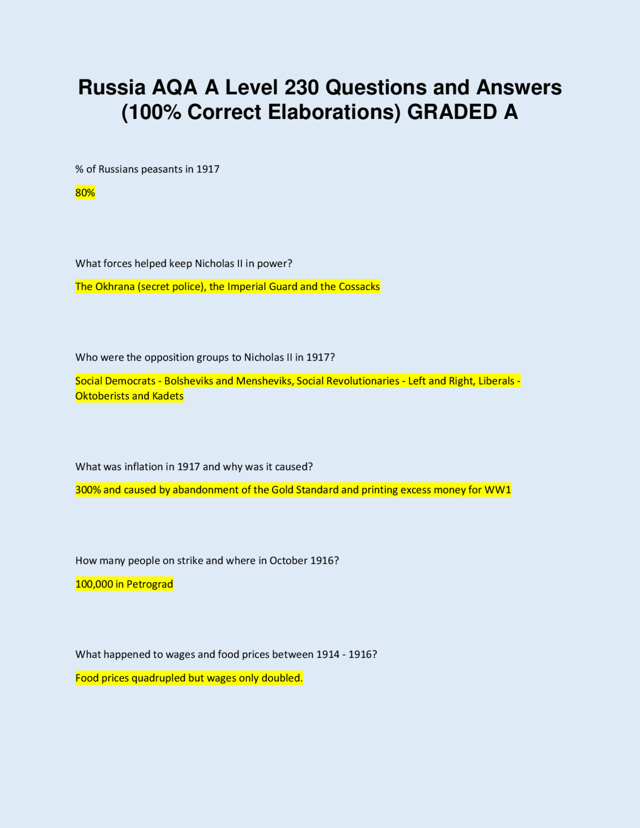 Russia AQA A Level 230 Questions and Answers (100% Correct Elaborations ...