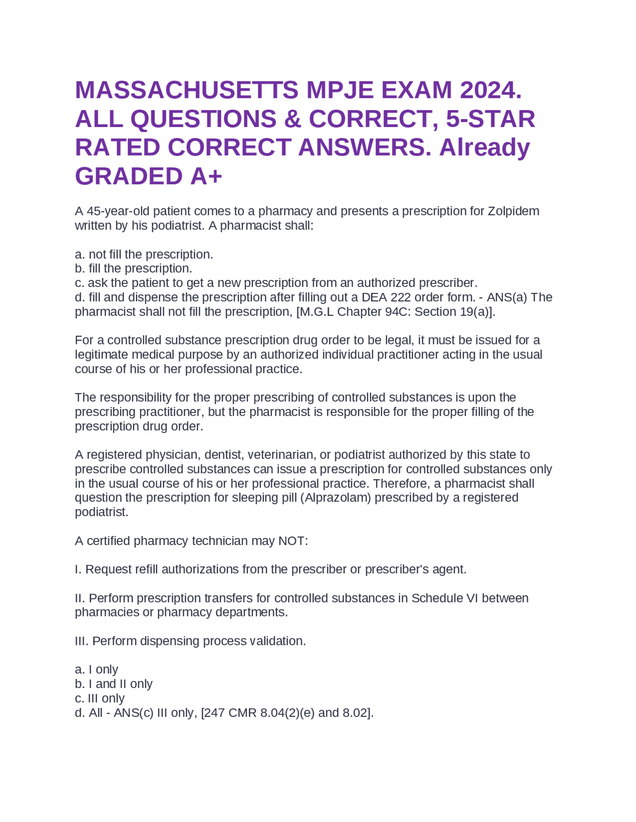 MASSACHUSETTS MPJE EXAM 2024. ALL QUESTIONS & 5-STAR RATED CORRECT ...
