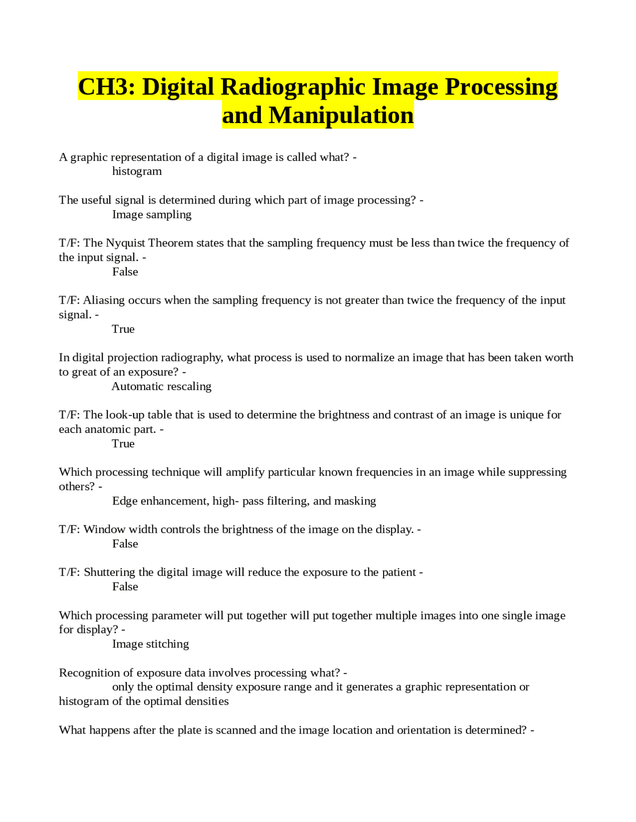 Ch3 Digital Radiographic Image Processing And Manipulation Exams Radiography Docsity