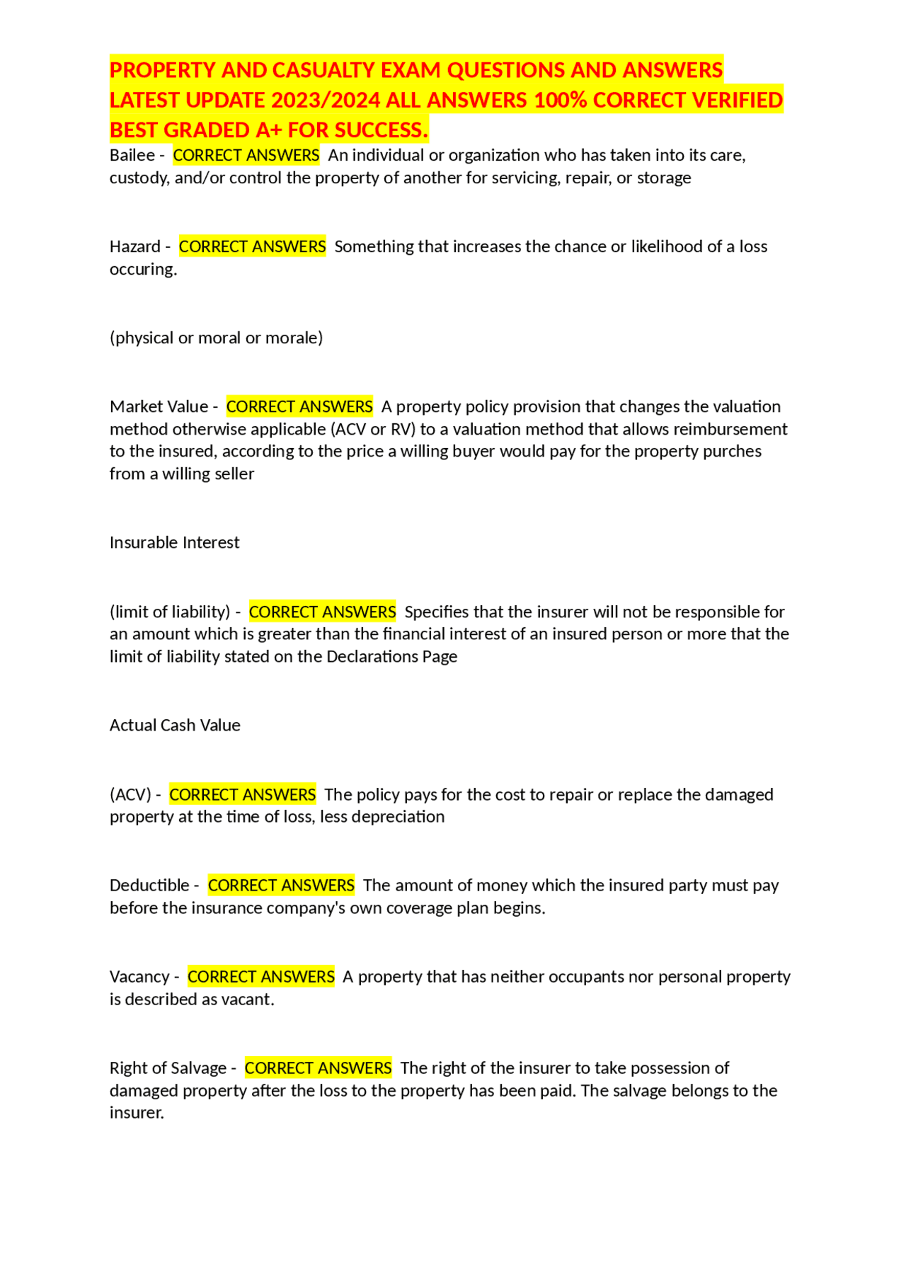 PROPERTY AND CASUALTY EXAM QUESTIONS AND ANSWERS LATEST UPDATE 2023/ ...