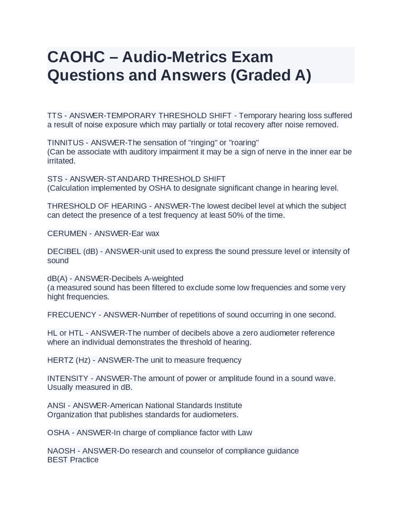CAOHC – Audio-Metrics Exam Questions and Answers (Graded A) | Exams ...