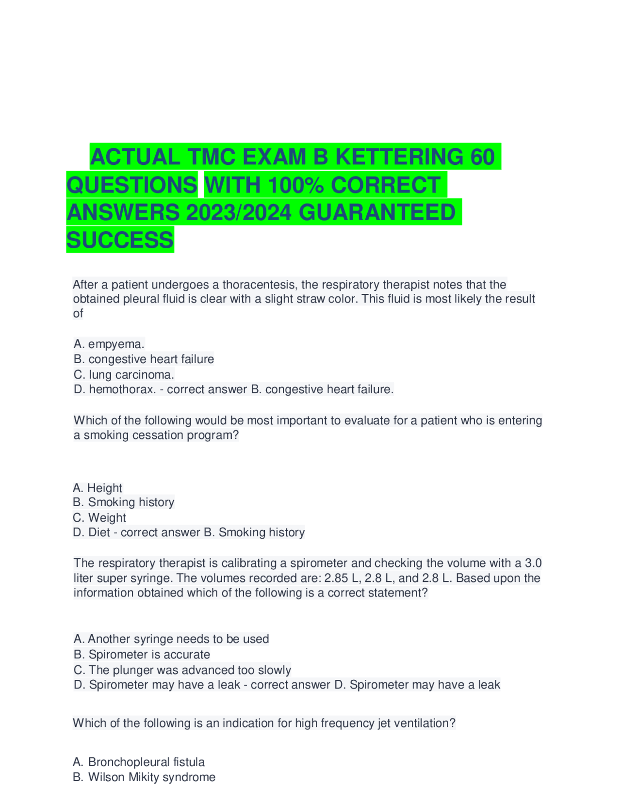 ACTUAL TMC EXAM B KETTERING 60 QUESTIONS WITH 100% CORRECT ANSWERS 2023 ...