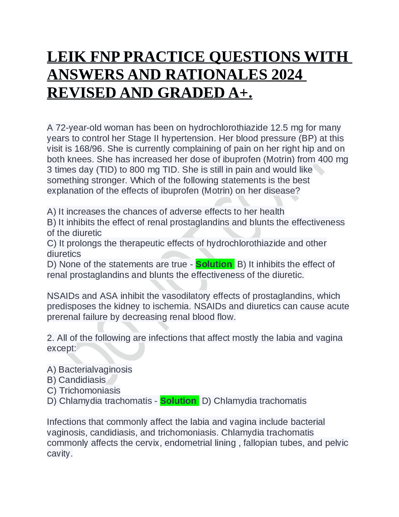 LEIK FNP PRACTICE QUESTIONS WITH ANSWERS AND RATIONALES 2024 REVISED ...