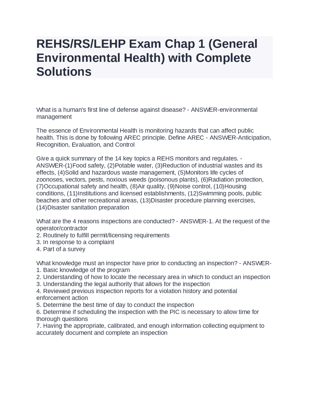 REHS/RS/LEHP Exam Chap 1 (General Environmental Health) with Complete ...