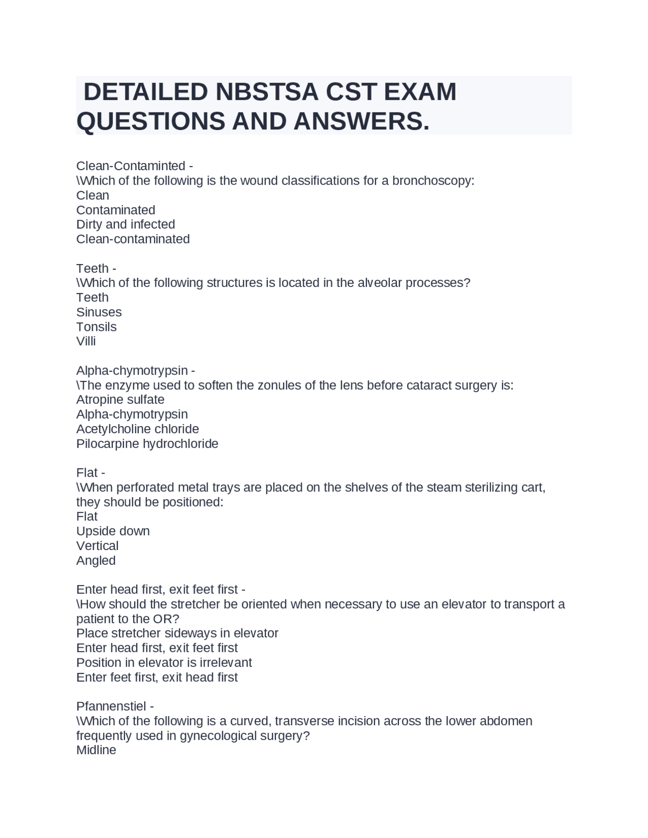 DETAILED NBSTSA CST EXAM QUESTIONS AND ANSWERS. | Exams Medicine | Docsity