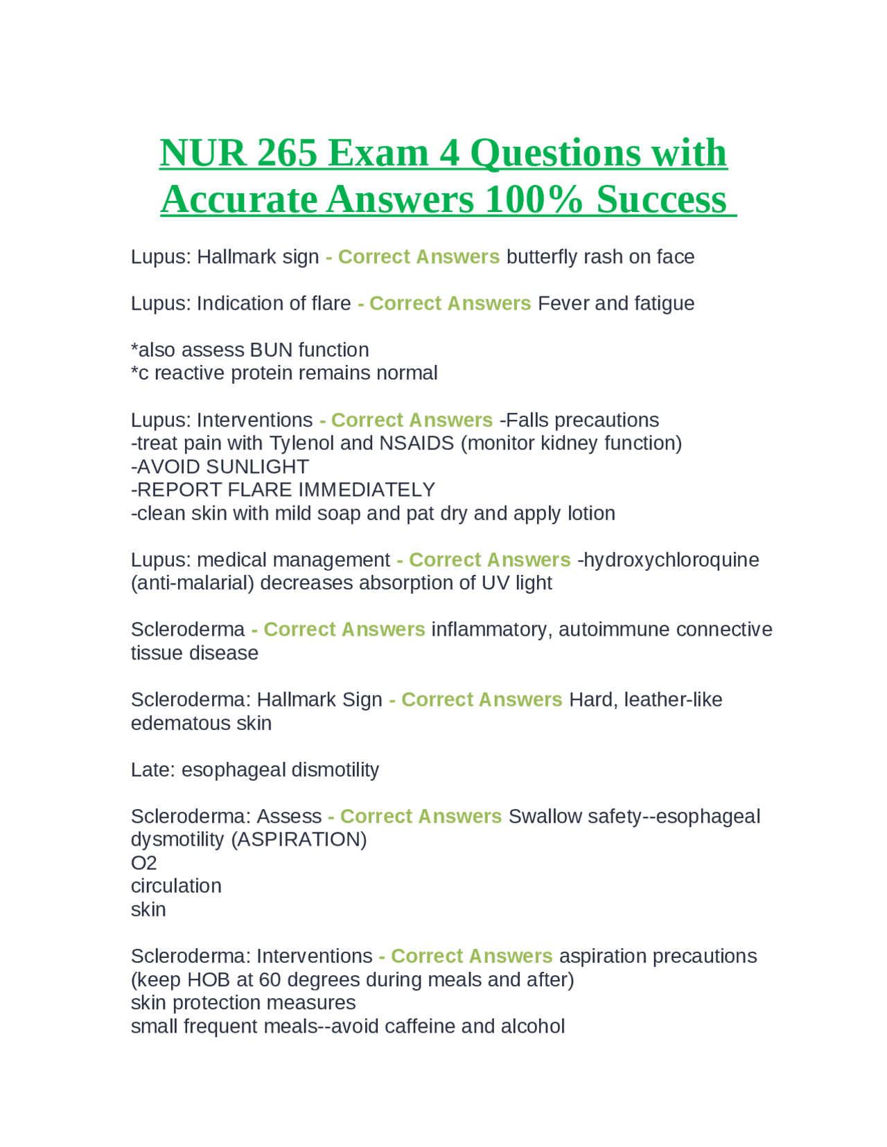 NUR 265 Exam 4 Questions with Accurate Answers 100% Success | Exams ...